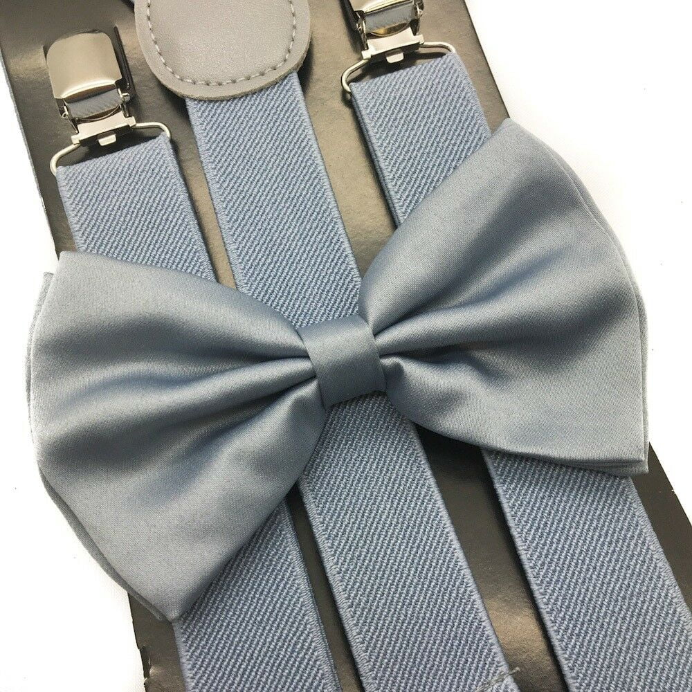 Light Grey Suspender + Clip on Bow-Tie Matching Set for Adults Men ...