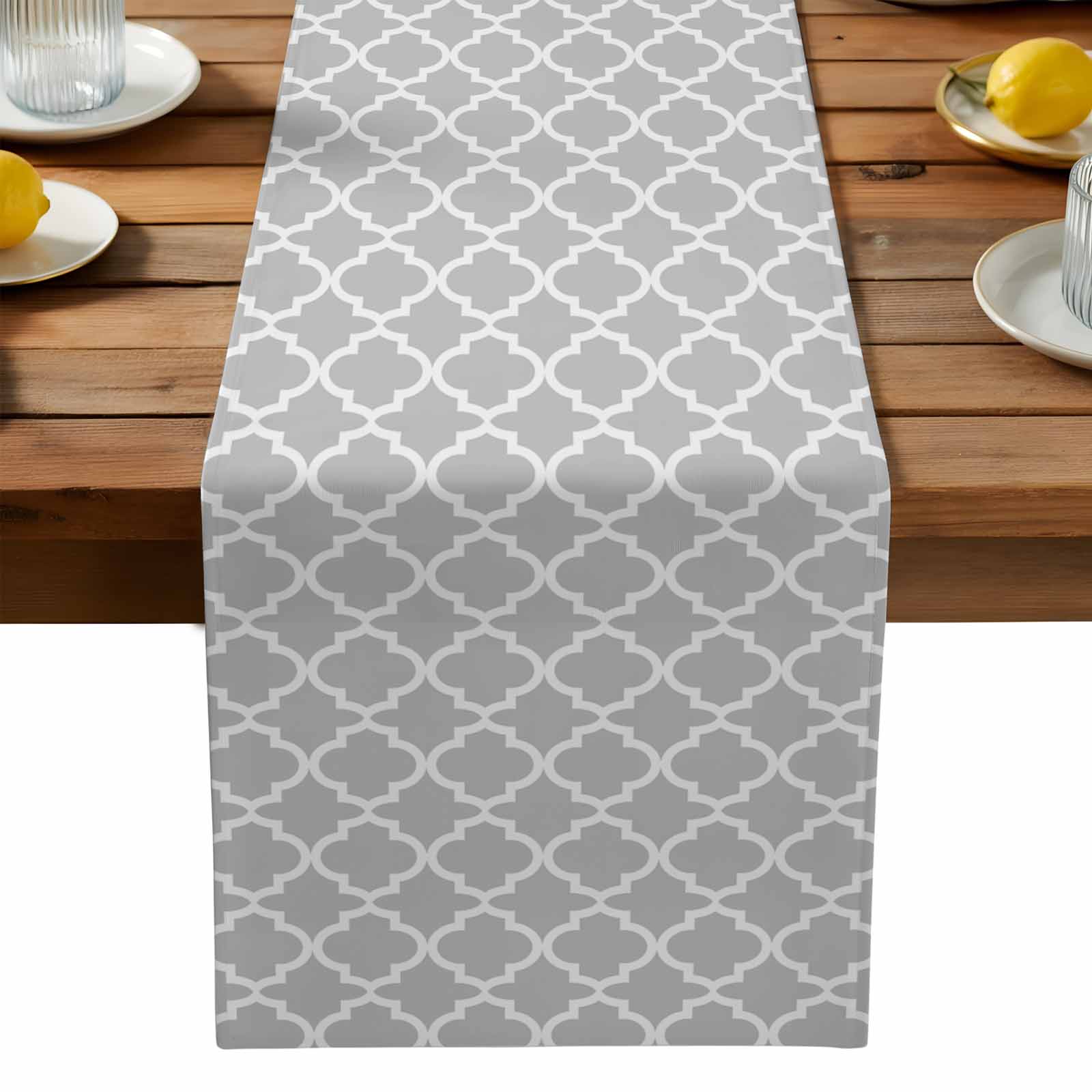 Light Grey White Geometric Table Runner, Minimalist Morocco Pattern ...