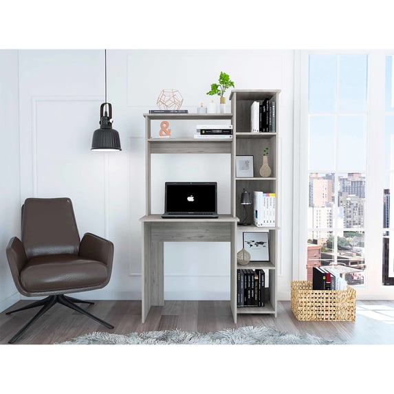 Light Grey Writing Desk with 7 Shelves and Built - in Bookcase ...