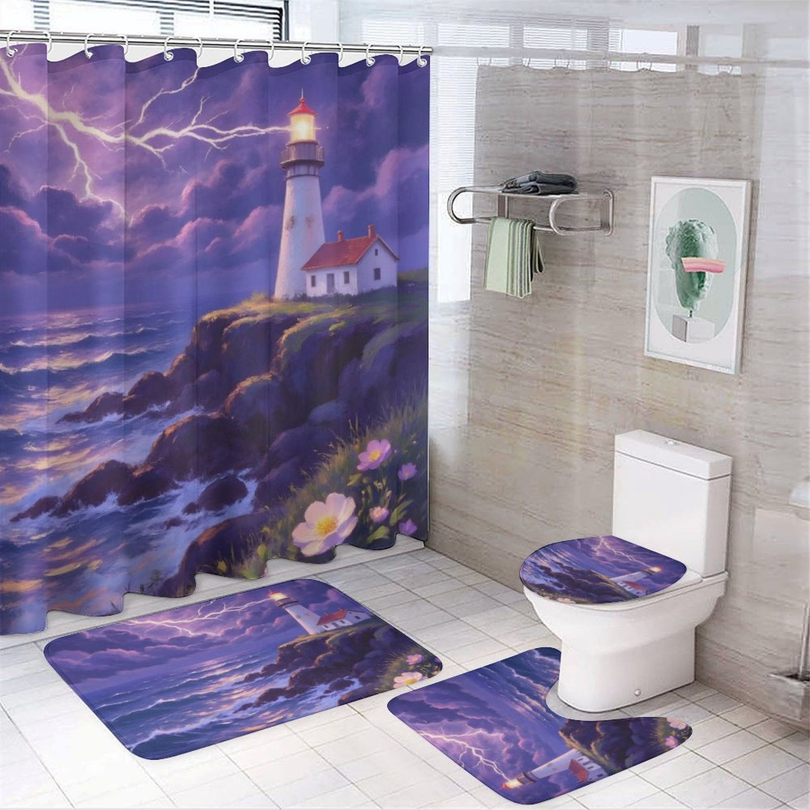 Light House Print Shower Curtain Set 4-Set Natural Scenery Theme ...