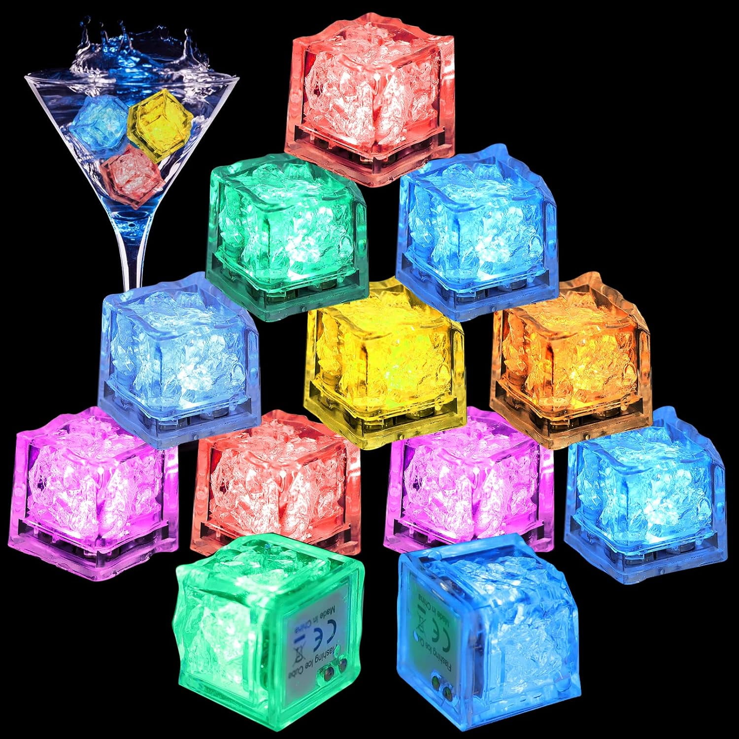 Light Up Ice Cubes,12 Pack Multi Color LED Ice Cubes for Drinks,Liquid Sensor Glowing Ice Cubes ...