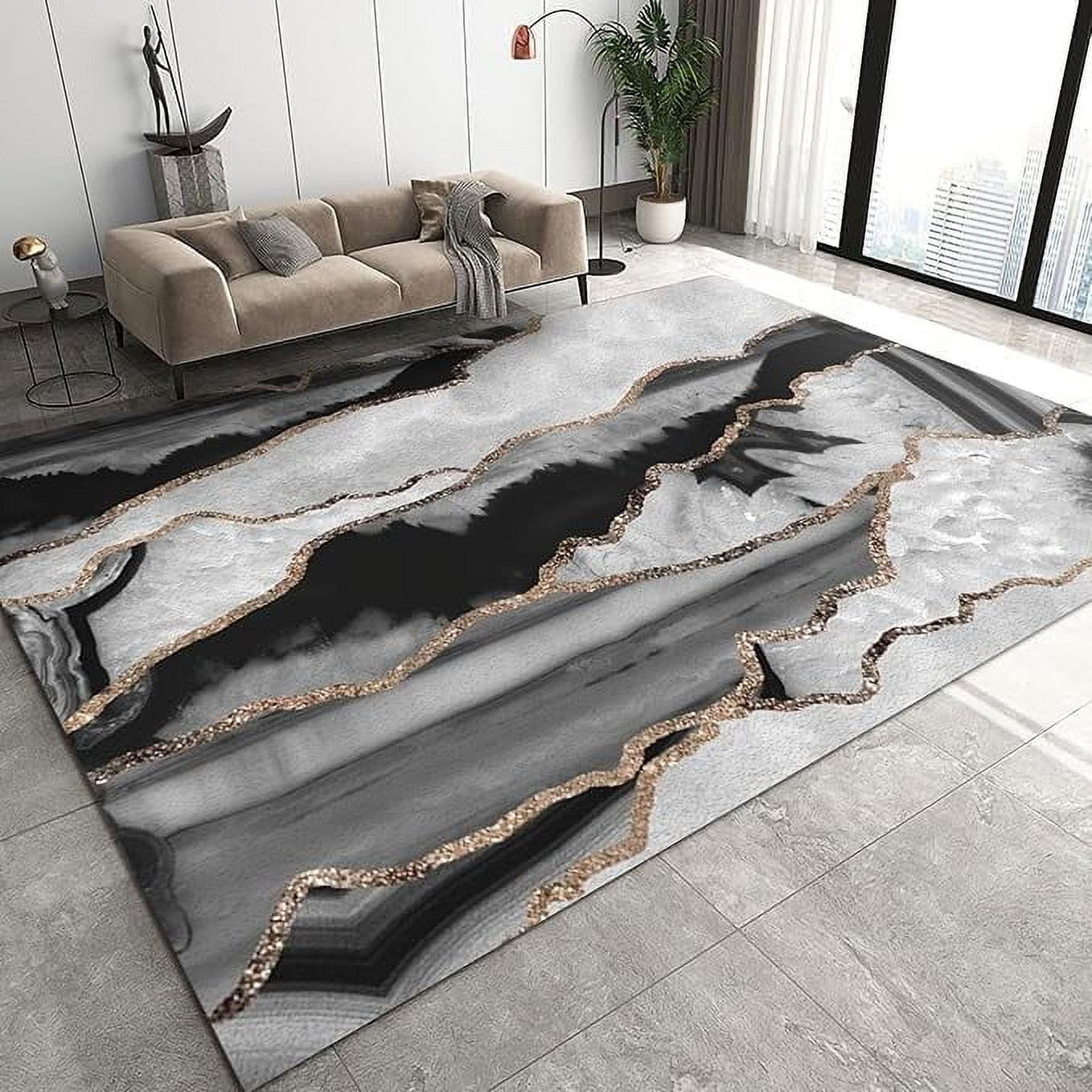 Light Luxury Abstract Black And White Marble Texture Area Rug, Modern ...