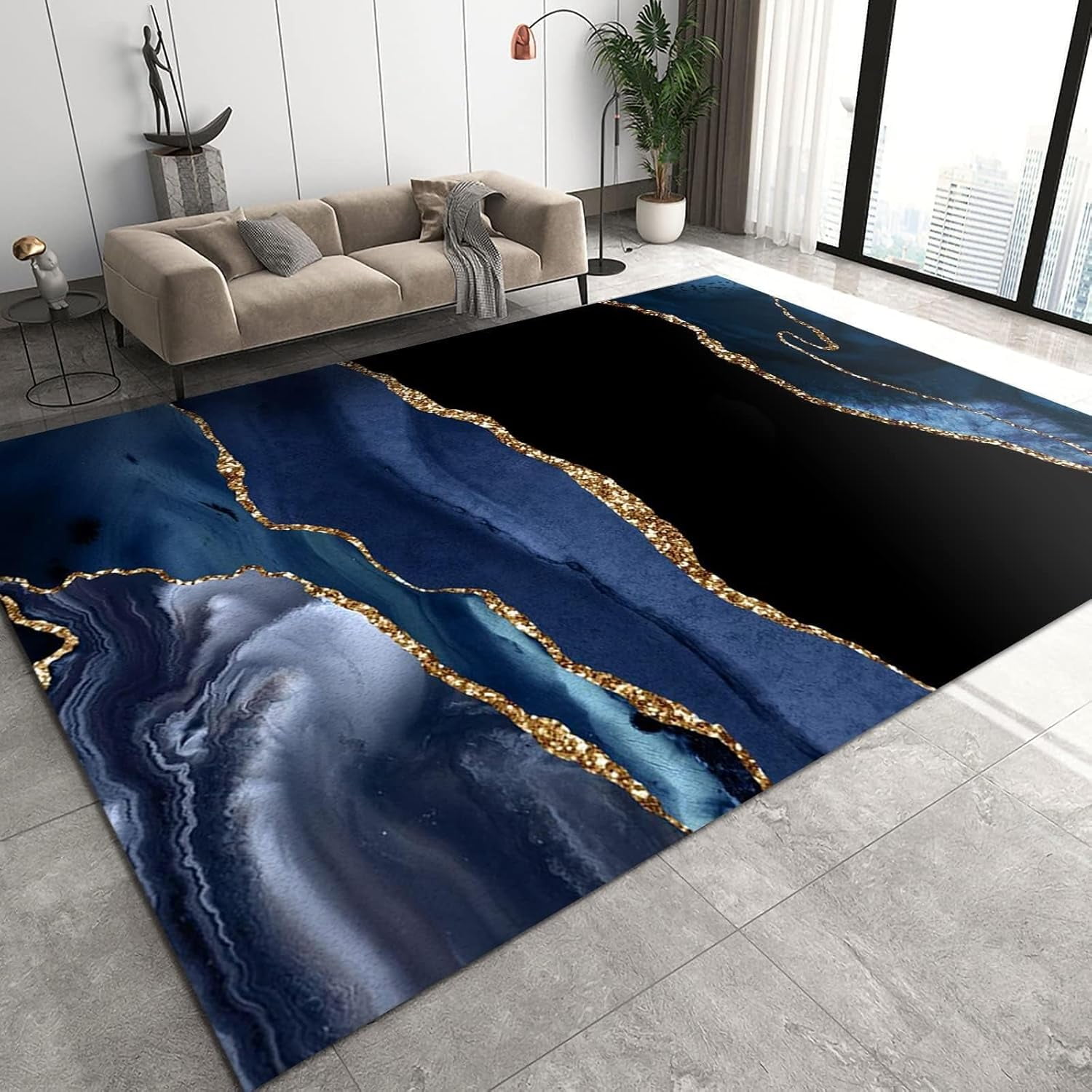 Light Luxury Black Gold Marble Area Rug, Abstract Blue Starry Golden ...