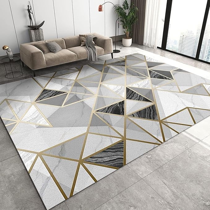 Light Luxury Black Gray Marble Texture Area Rugs, Abstract Geometric ...