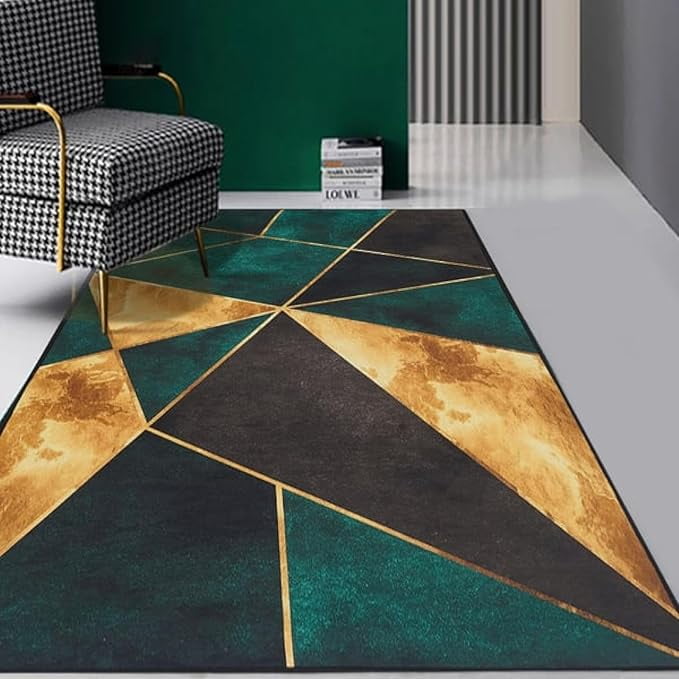 Light Luxury Emerald Green Marble Area Rug, Modern Irregular Golden ...