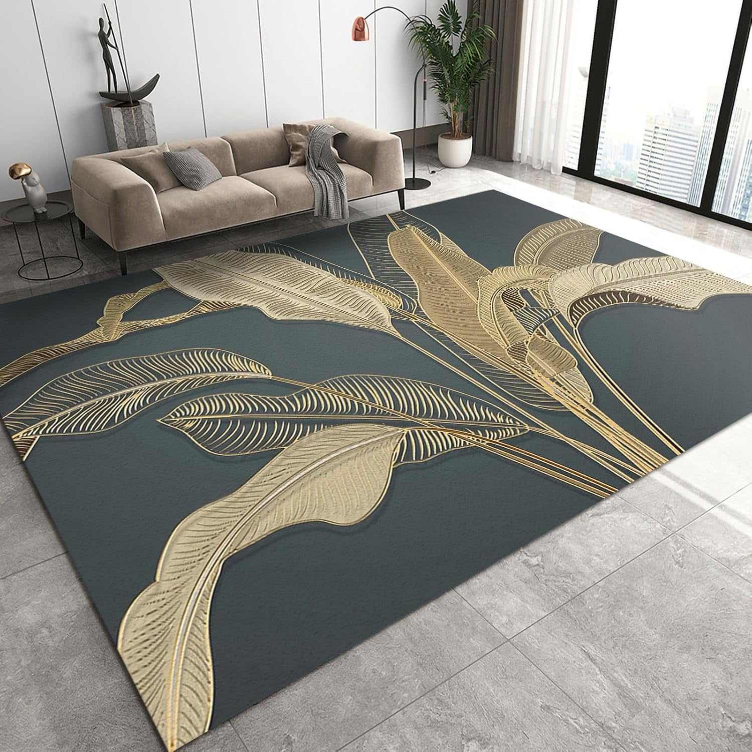 Light Luxury Golden Tropical Plant Banana Leaves Art Area Rug, Modern ...