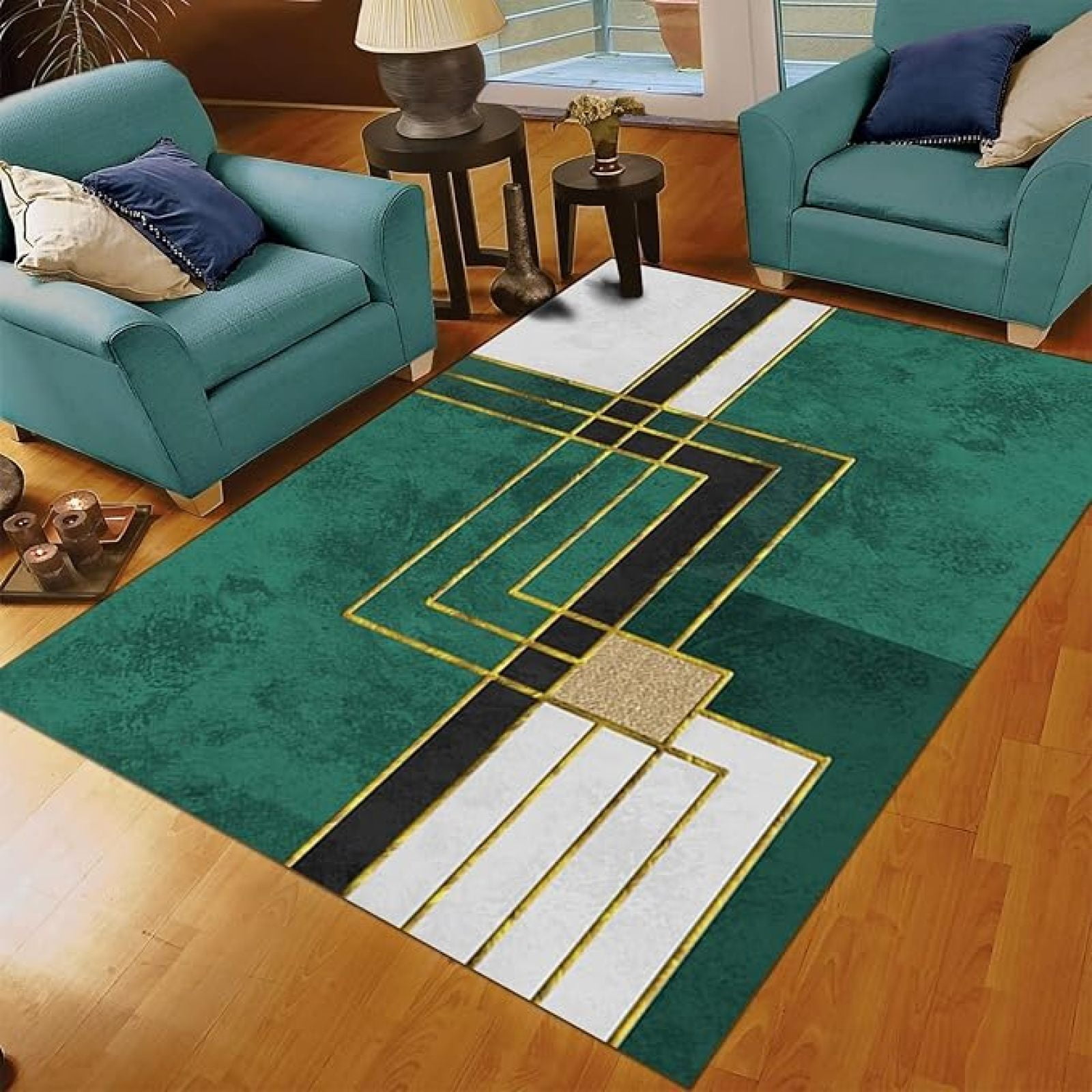 Light Luxury Green Background Geometry Area Rug, Black And Gold Line ...
