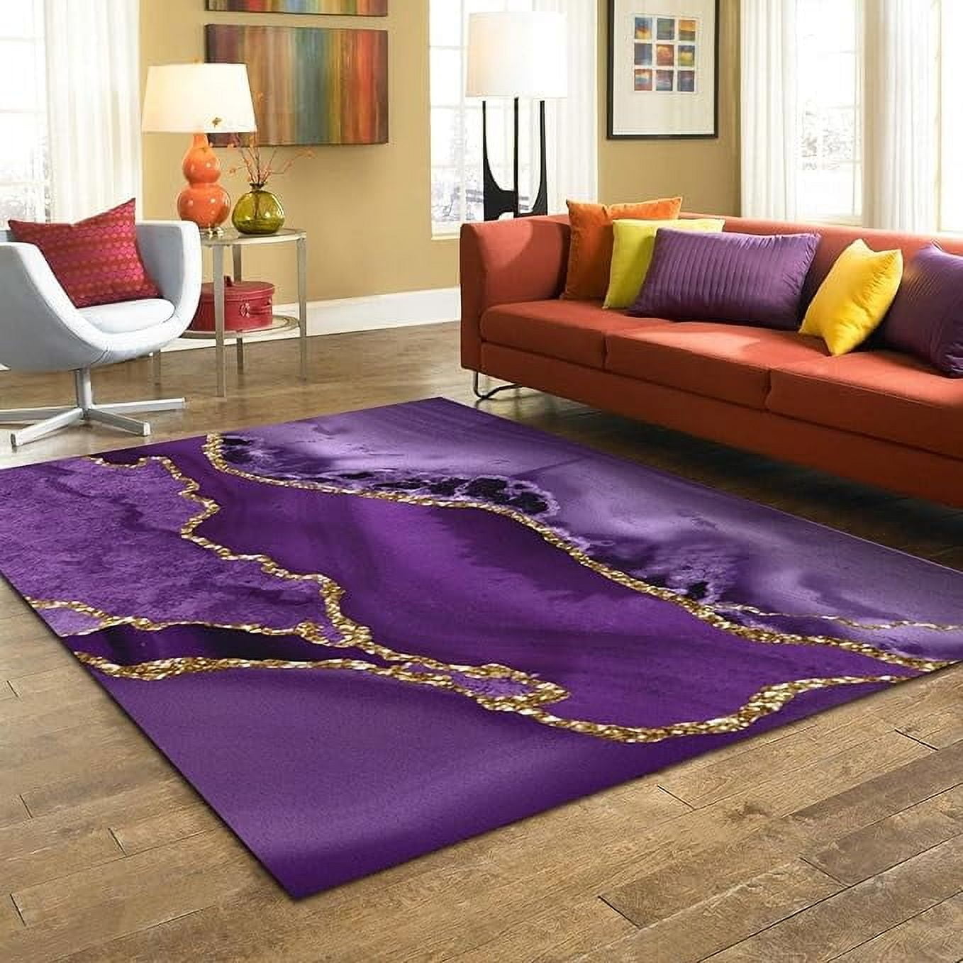 Light Luxury Purple Gold Marble Texture Area Rugs, Modern Abstract Gold ...