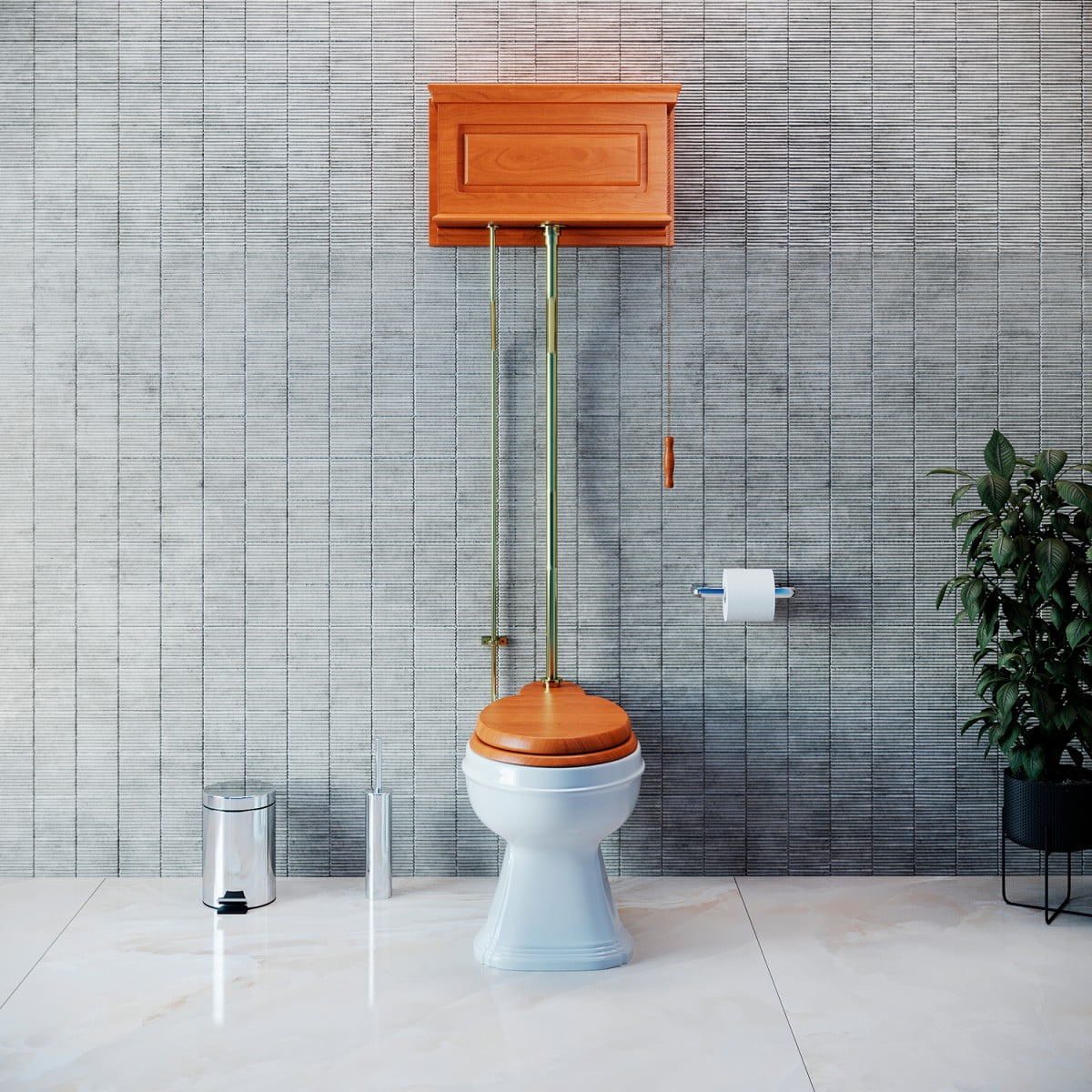 Light Oak Finish High Tank Pull Chain Toilet Wooden Raised Tank Round ...