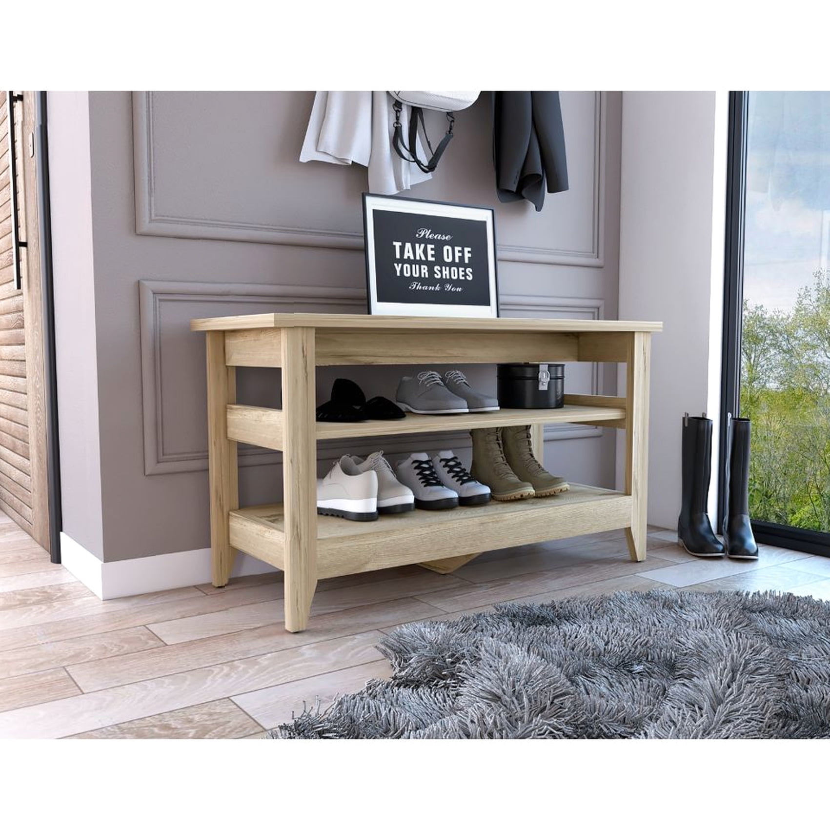 Light Oak Particle Board Storage Bench+Ample Shelf Space”-“Entryway ...