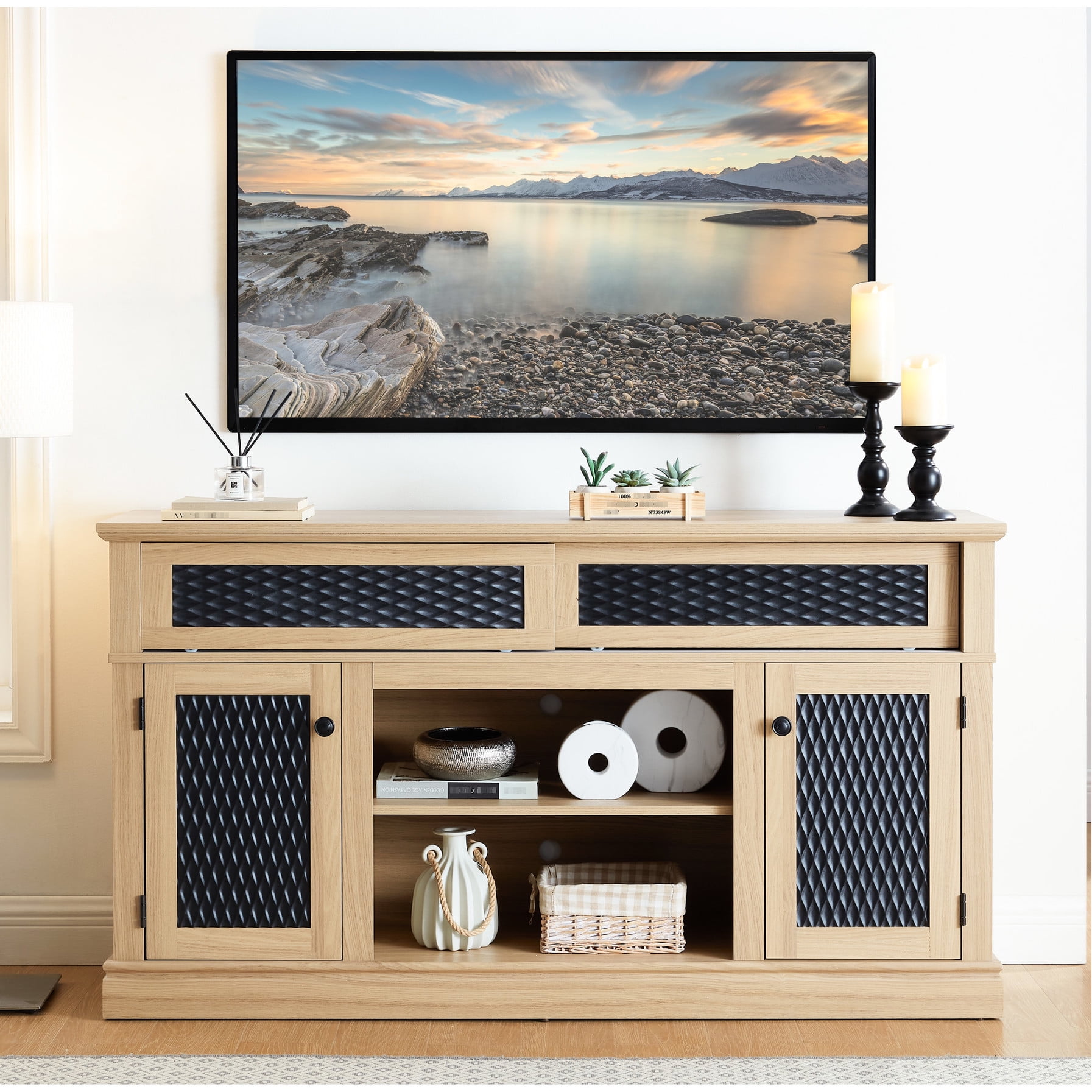 Light Oak TV Console | Embossed Doors & Flexible Storage | Farmhouse ...