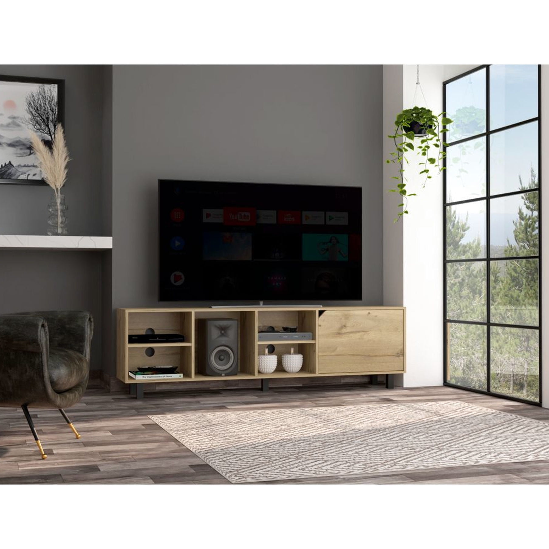 Light Oak Tint - 4 Open Shelves for Organization - Guest Room TV Stand ...
