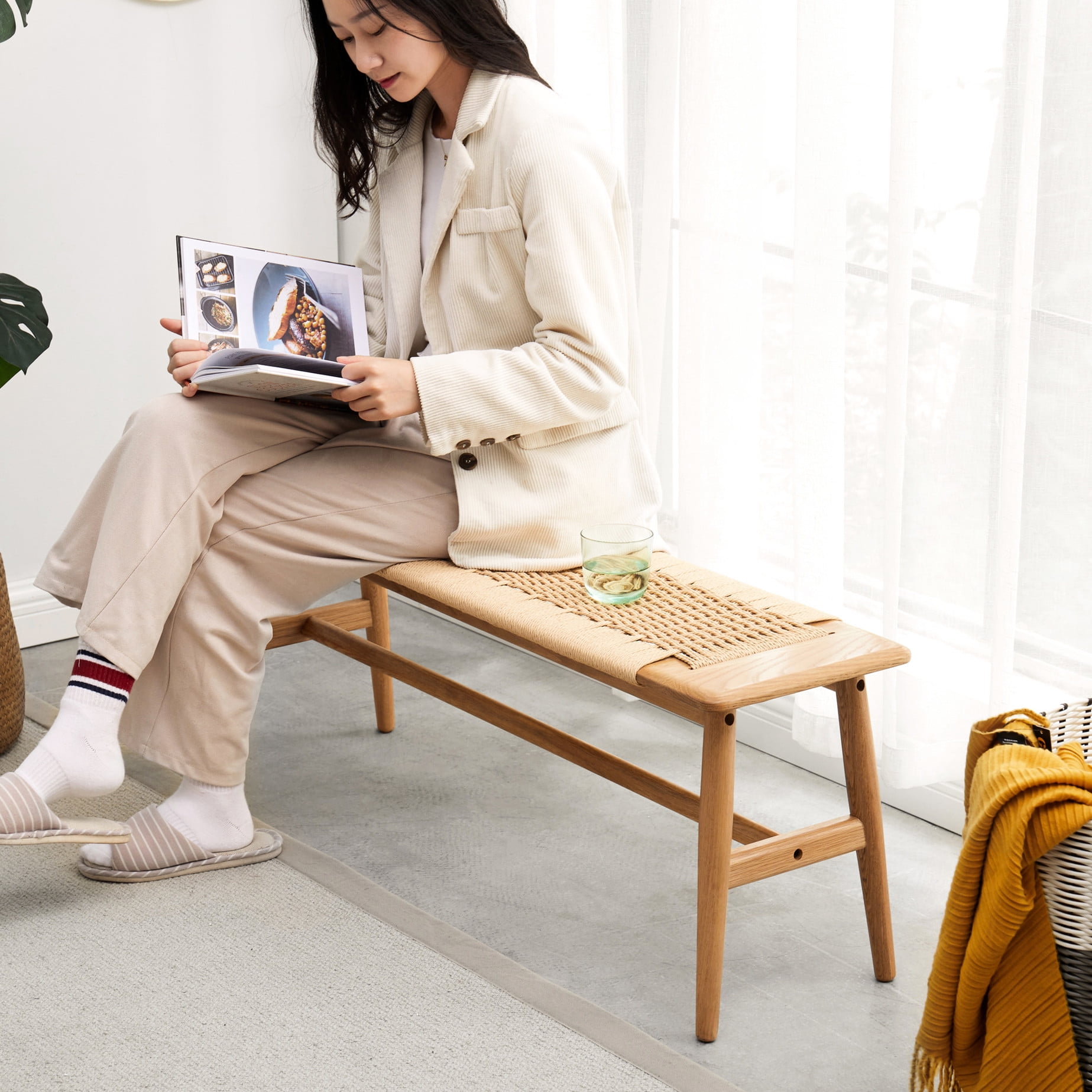Light Oak Wood Bench with Woven Cane / Comfortable and Aesthetic ...