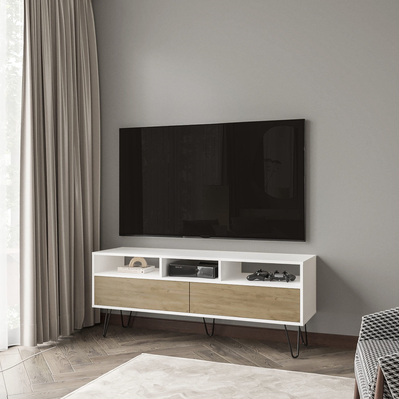 Light Oak and White TV Stand with Thoughtful Storage / Enhance Living ...