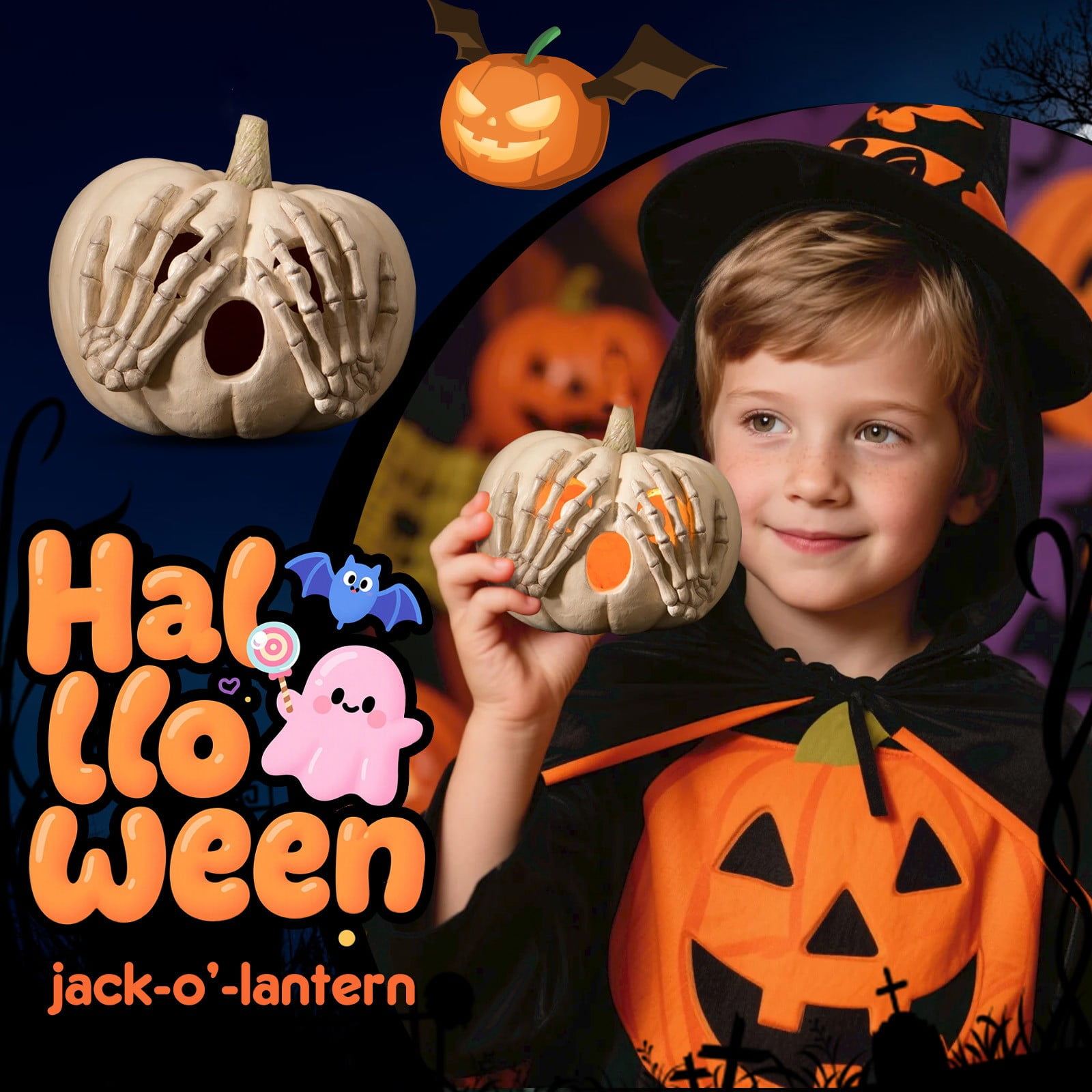 Light Up Peek-a-Boo Pumpkin Decoration, Spooky Skeleton Hands Jack O Lantern,Halloween Tabletop ...