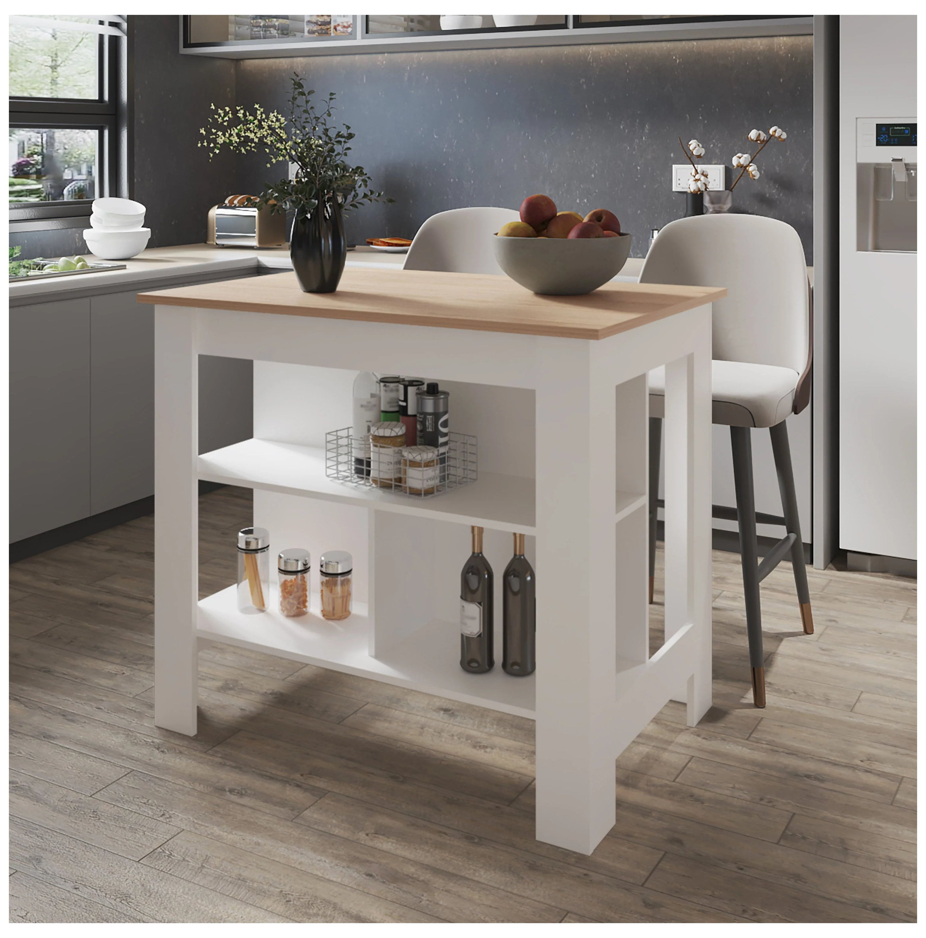 Light Pine and White Kitchen Island with Open Storage Beige+Black ...