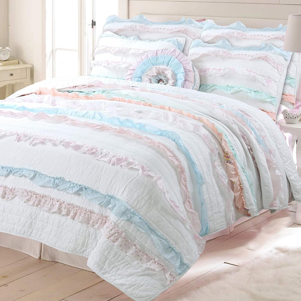 Light Pink Blue Coral White Ruffle Cotton Comfoter Set, Reversible Girl ...