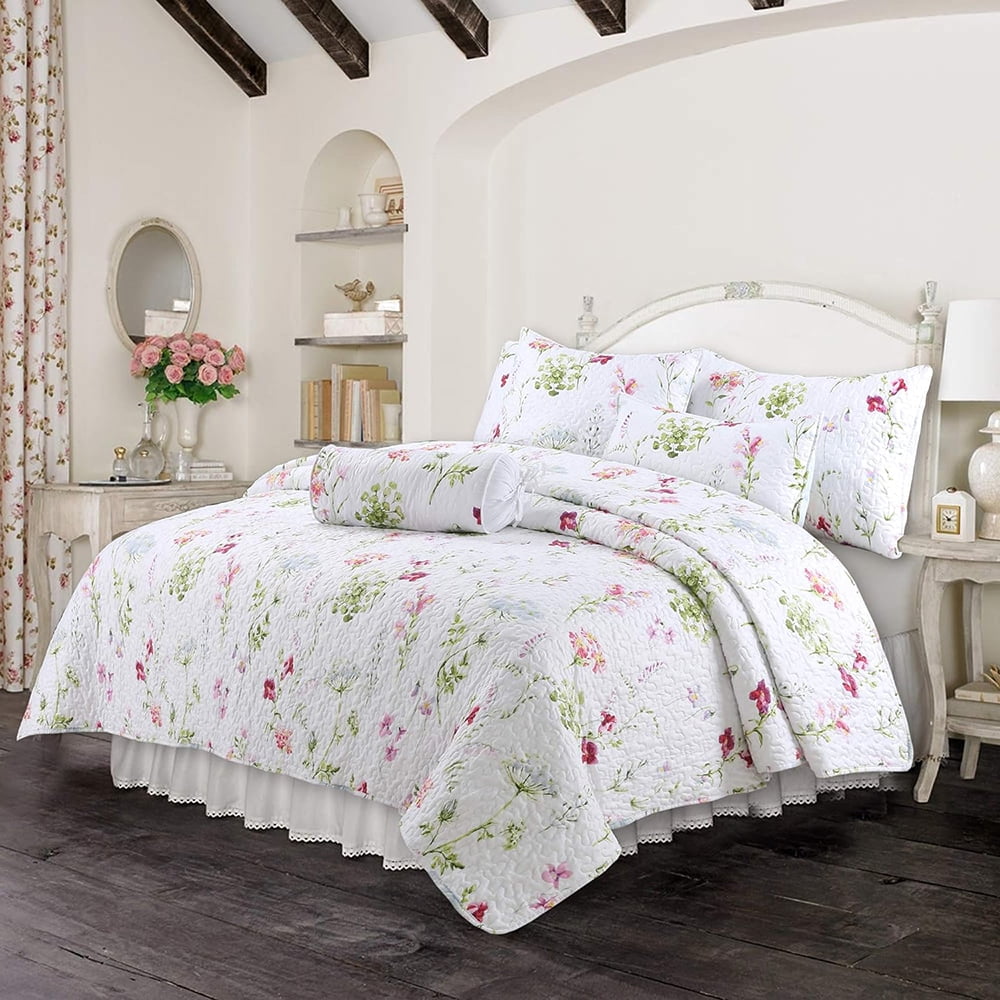 Light Pink Blue Flower Coverlet, Floral Reversible Quilt Bedding Set ...
