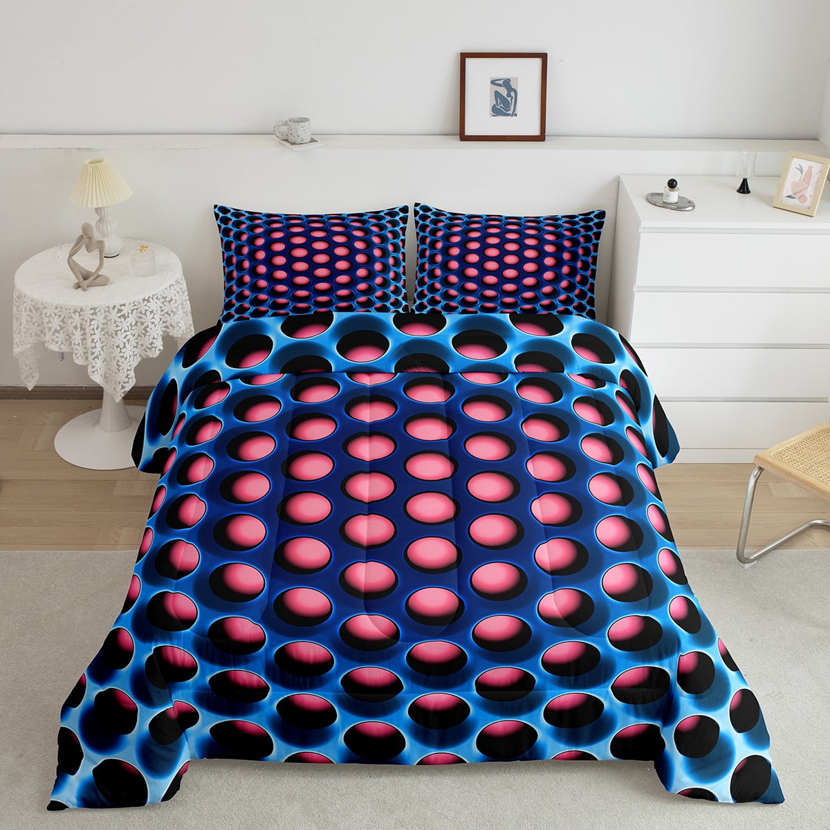 Light Pink Comforter Navy Blue Geometric Honeycomb Bedding Set Full ...