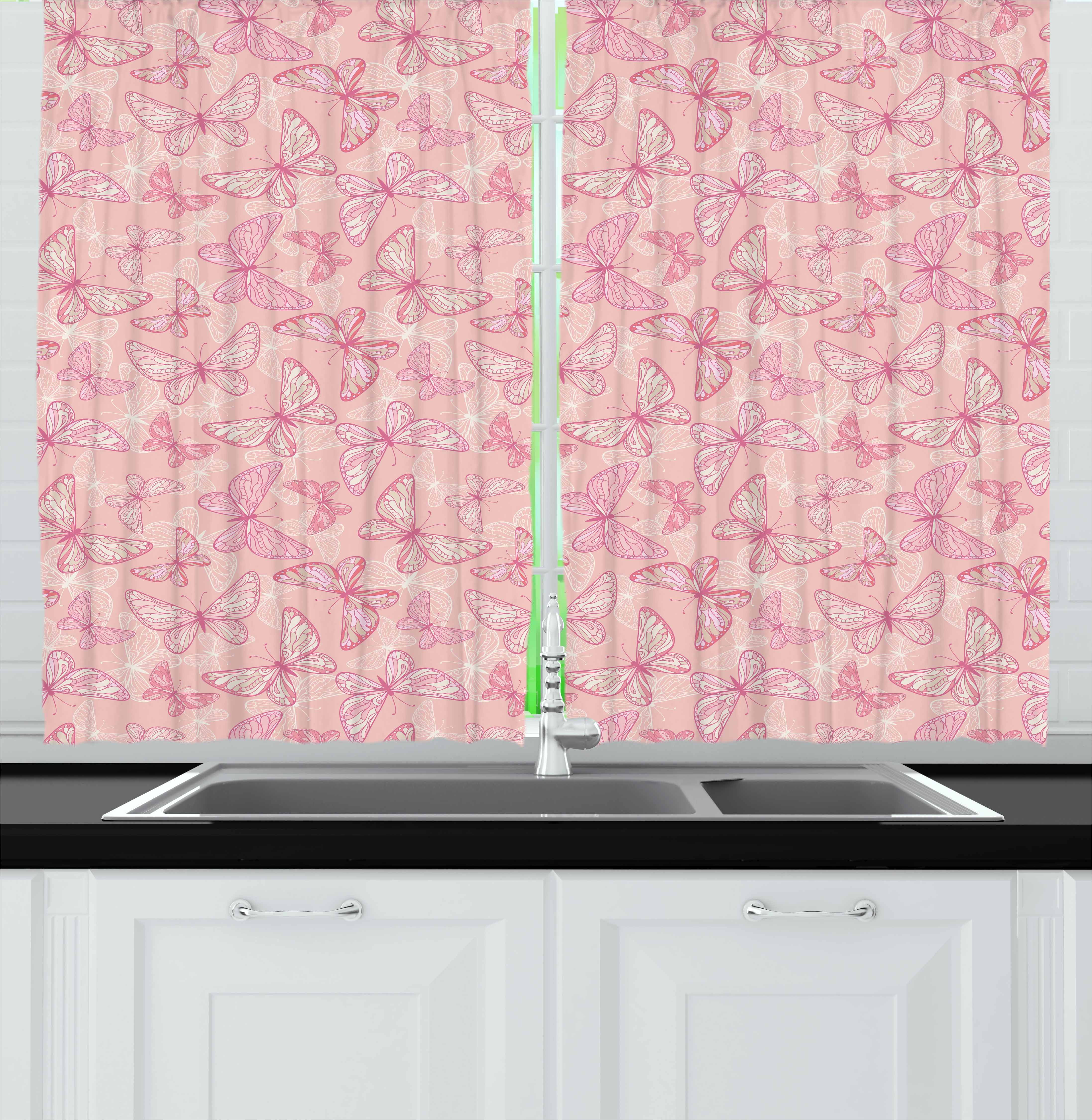 Light Pink Curtains 2 Panels Set, Cute Butterflies Ornate Spiritual ...