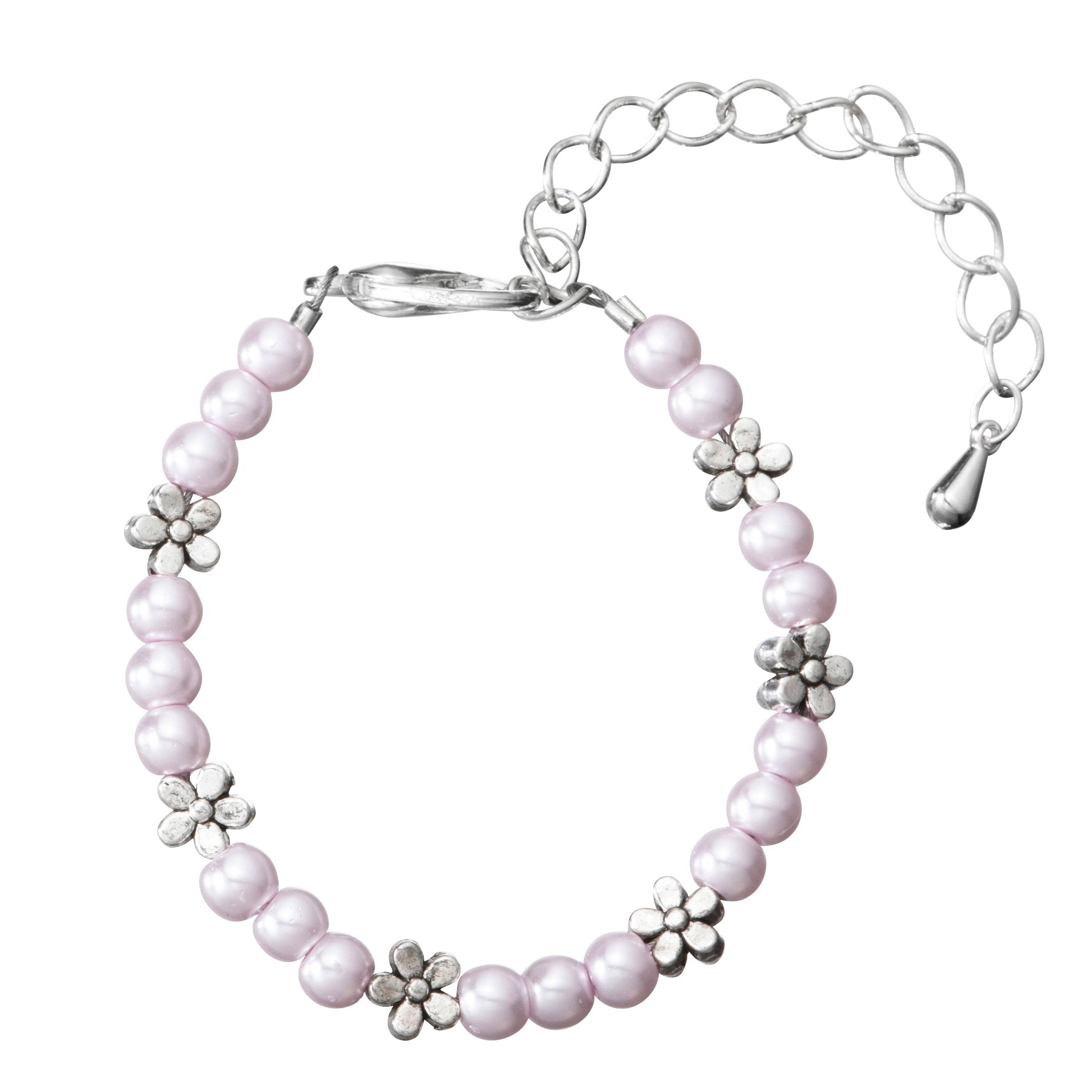 Light Pink Czech Glass Pearls with Pewter Flowers Child Bracelet with 2 ...