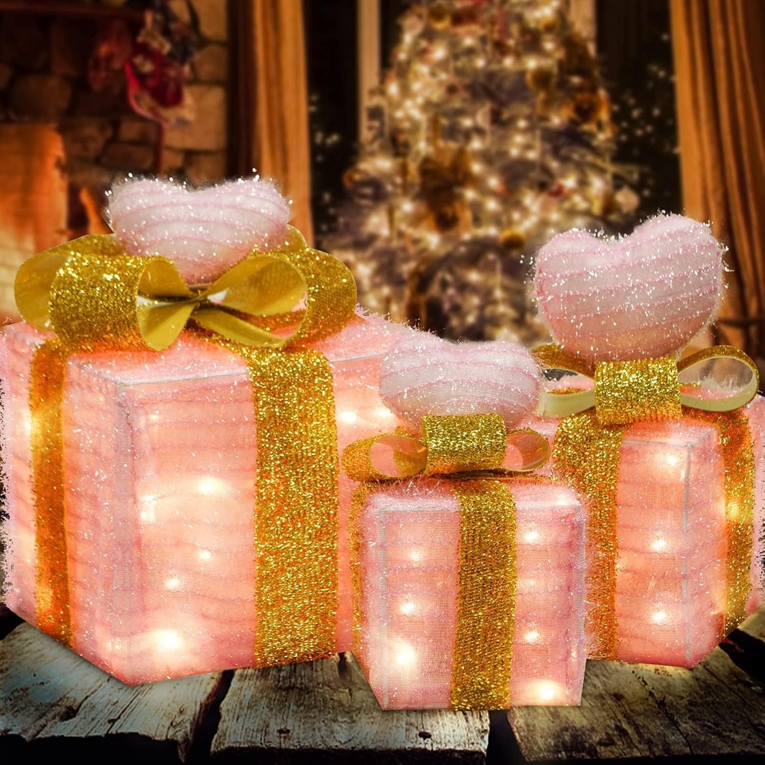 Light Up Pink Gift Boxes Christmas Decoration, 3Pcs Pink Room Decor for ...