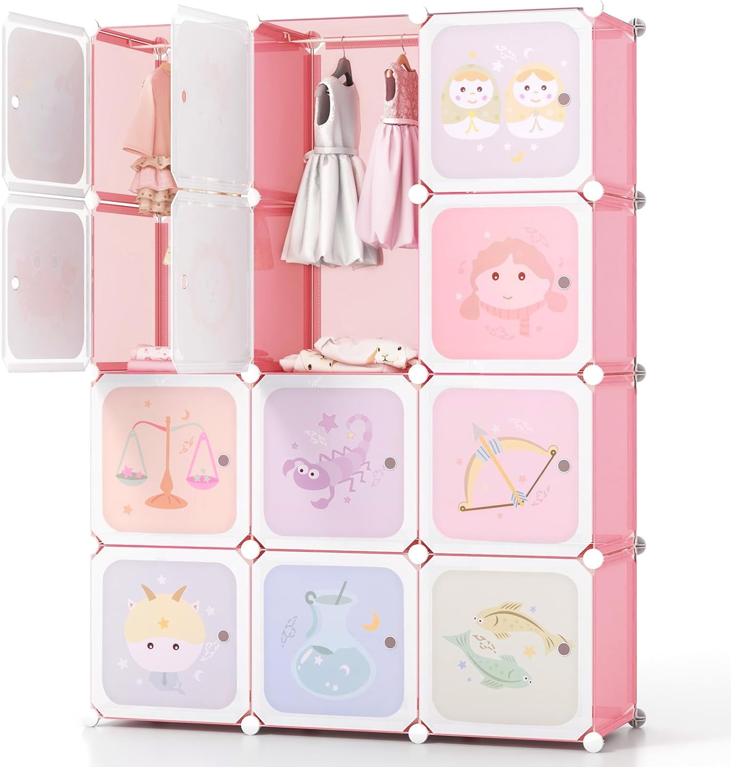 Light Pink Kids Modular Wardrobe Closet, 12 Cubes with Doors & 2 ...