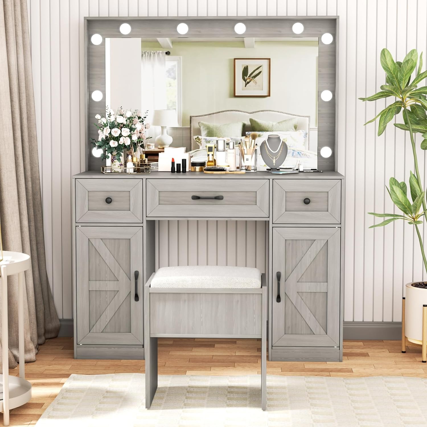 Light Pink Makeup Vanity with Lights and Full-Length Mirror Pink Vanity ...