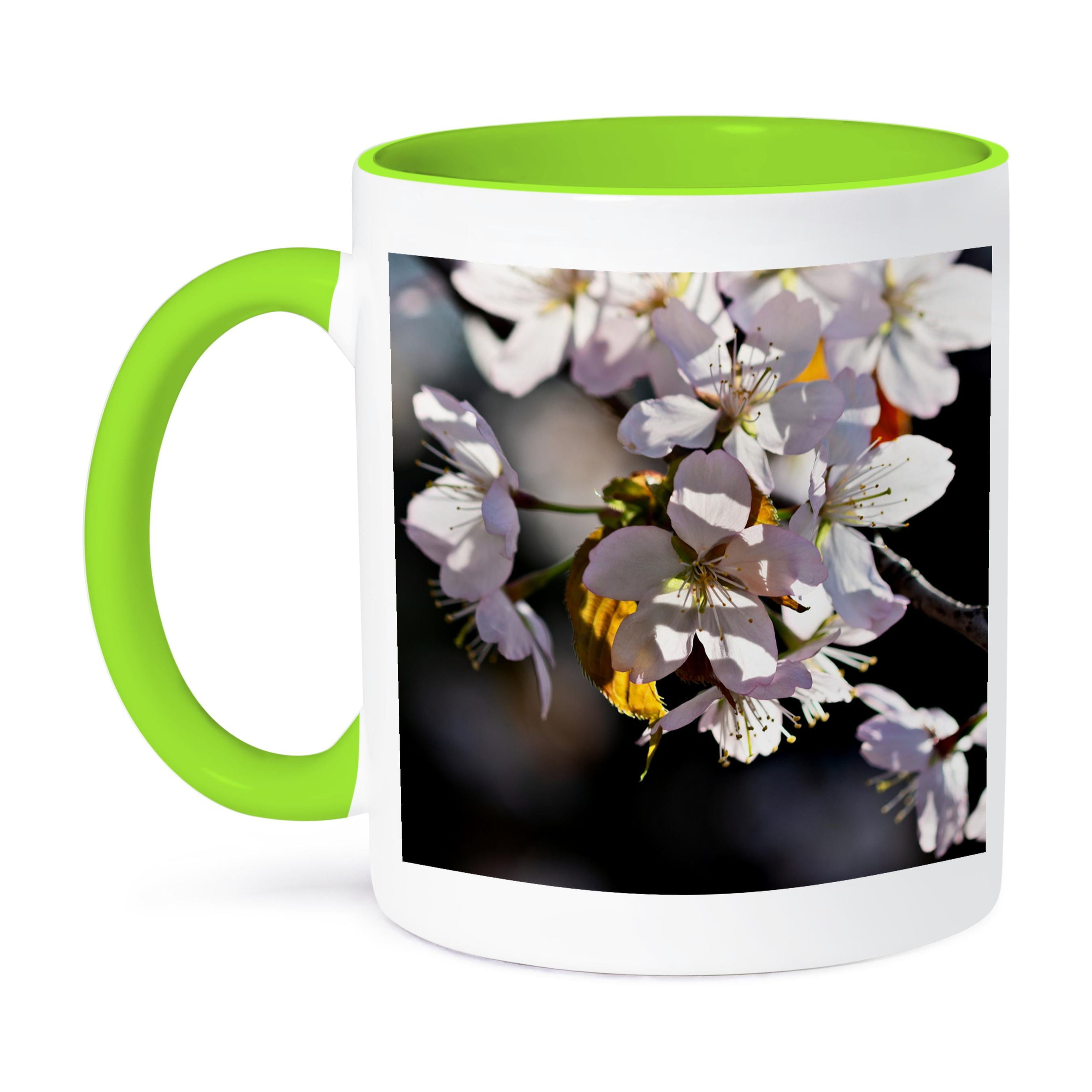 Light Pink Sakura Cherry Blossom Flowers. Dark Grey, Pink Background, 11oz Two-Tone Green Mug ...