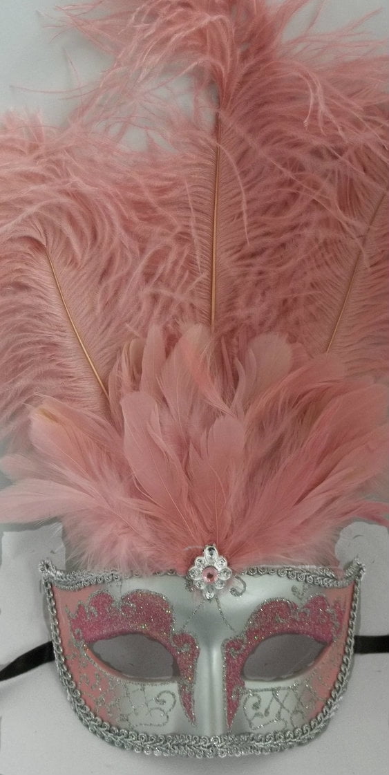 Light Pink Silver Venetian Mask Feather Masquerade Costume Prom Dance ...