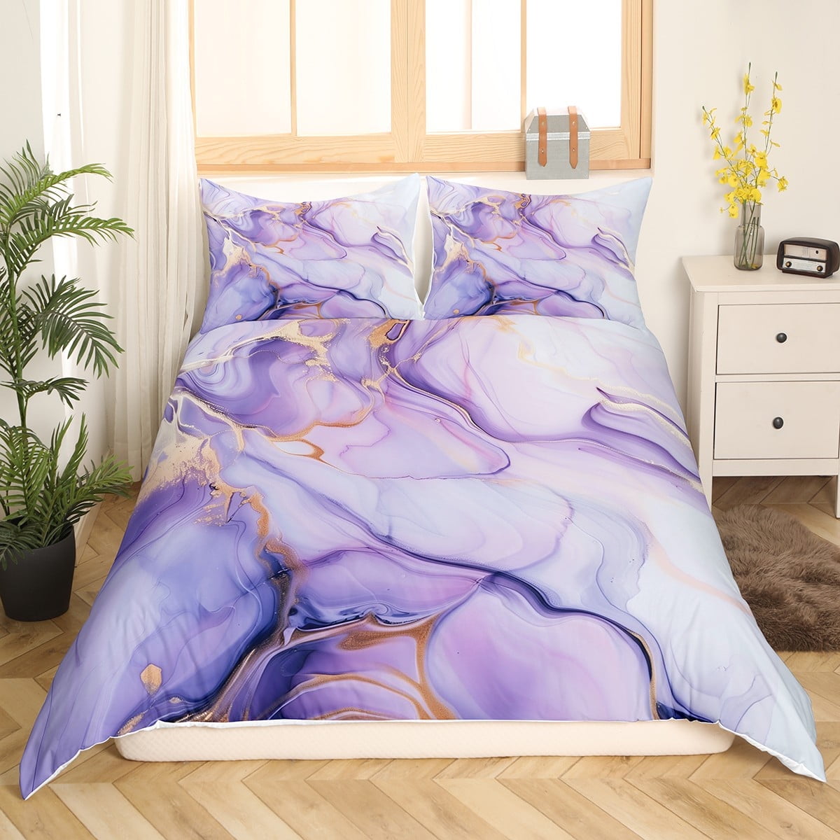 Light Purple Marble Bedding Set Gold Abstract Fluid Marbling Duvet ...