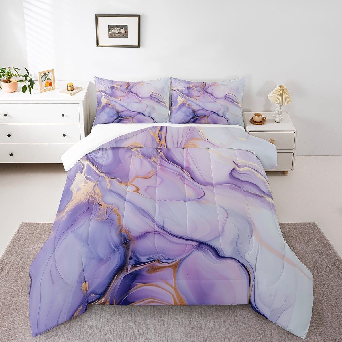 Light Purple Marble King Bedding Set Gold Abstract Fluid Marbling ...