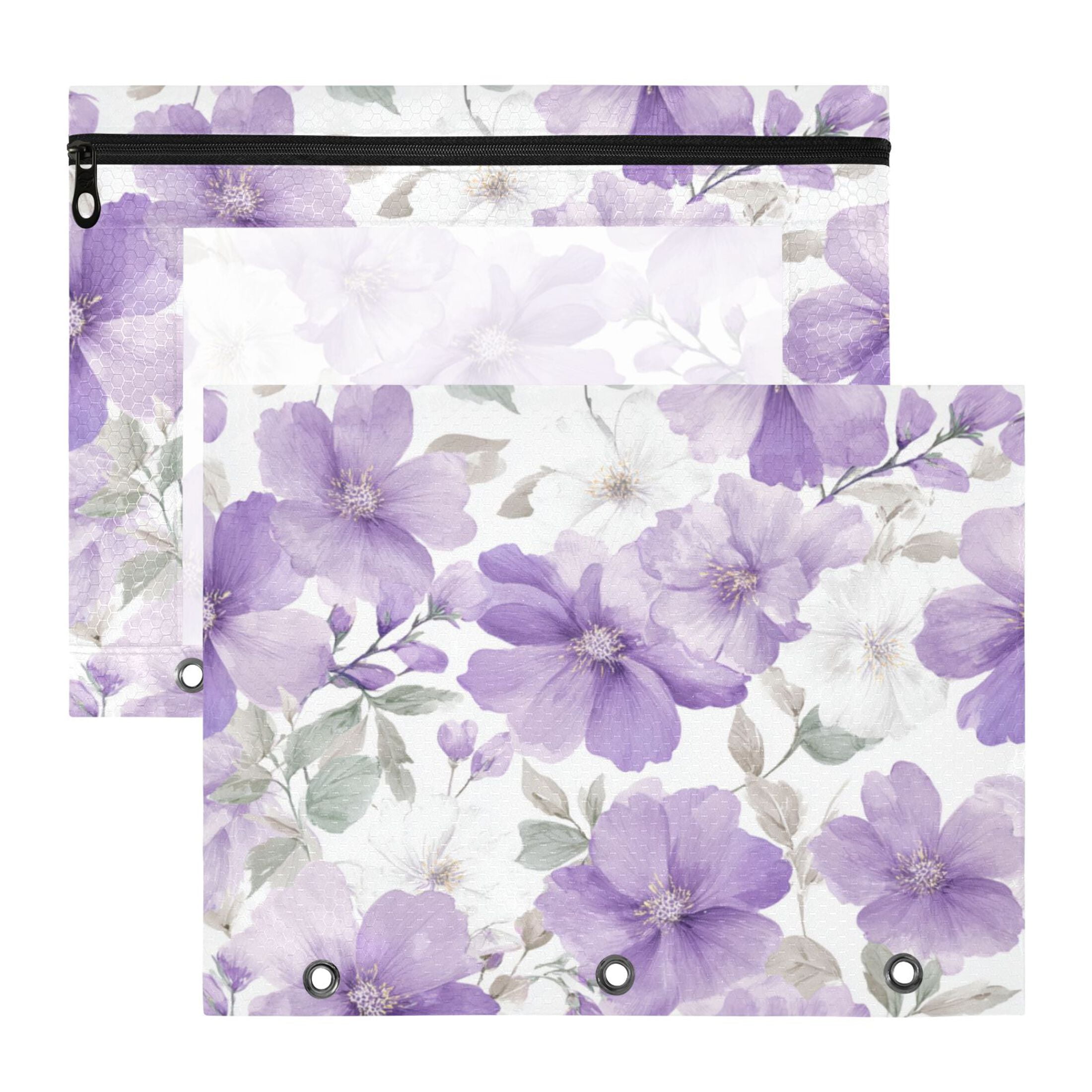 Light Purple and White Florals 3-Ring Binder Pouches A4 Size Zipper ...