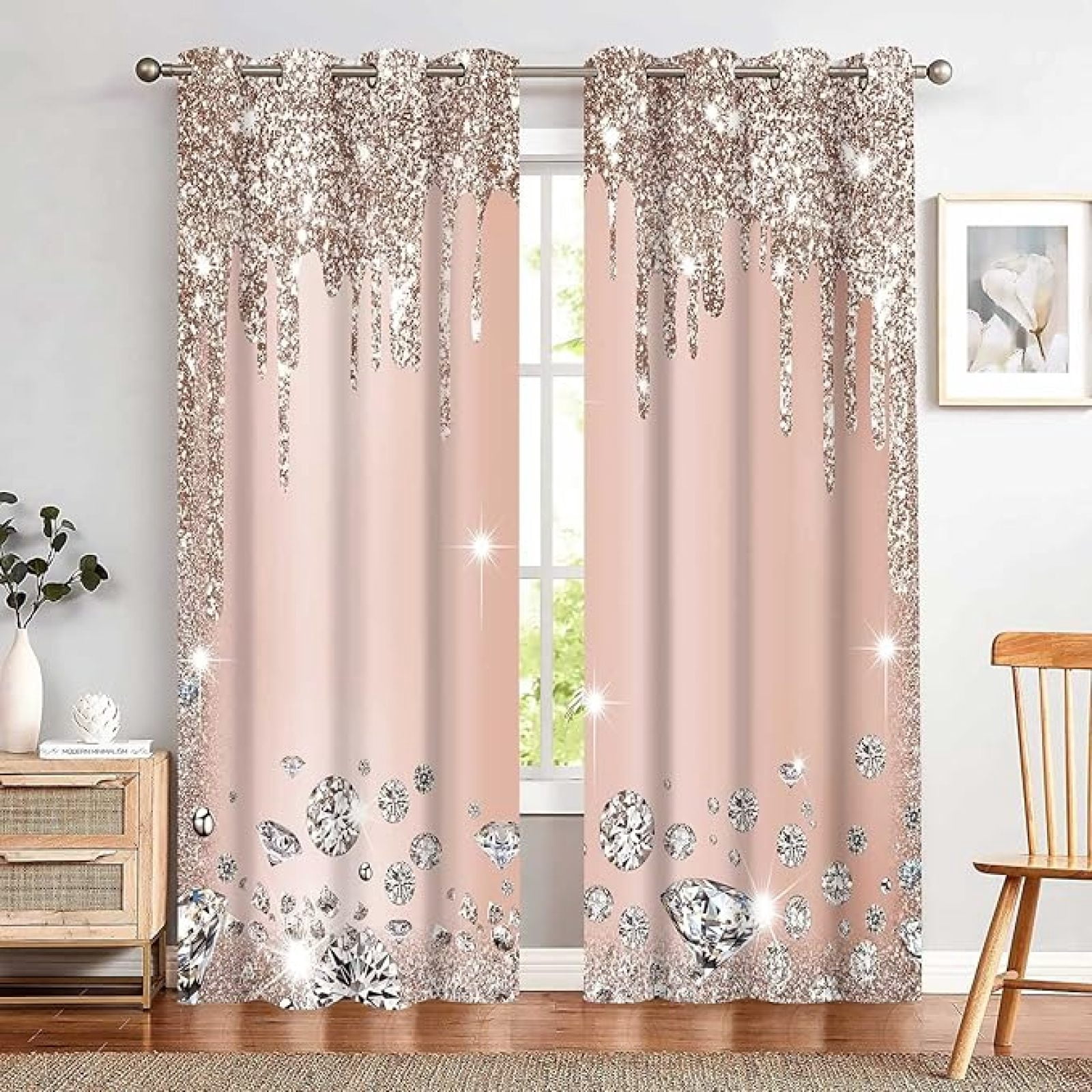 Light Rose Gold Shiny Diamond Print Curtains Gorgeous Drip Blackout ...