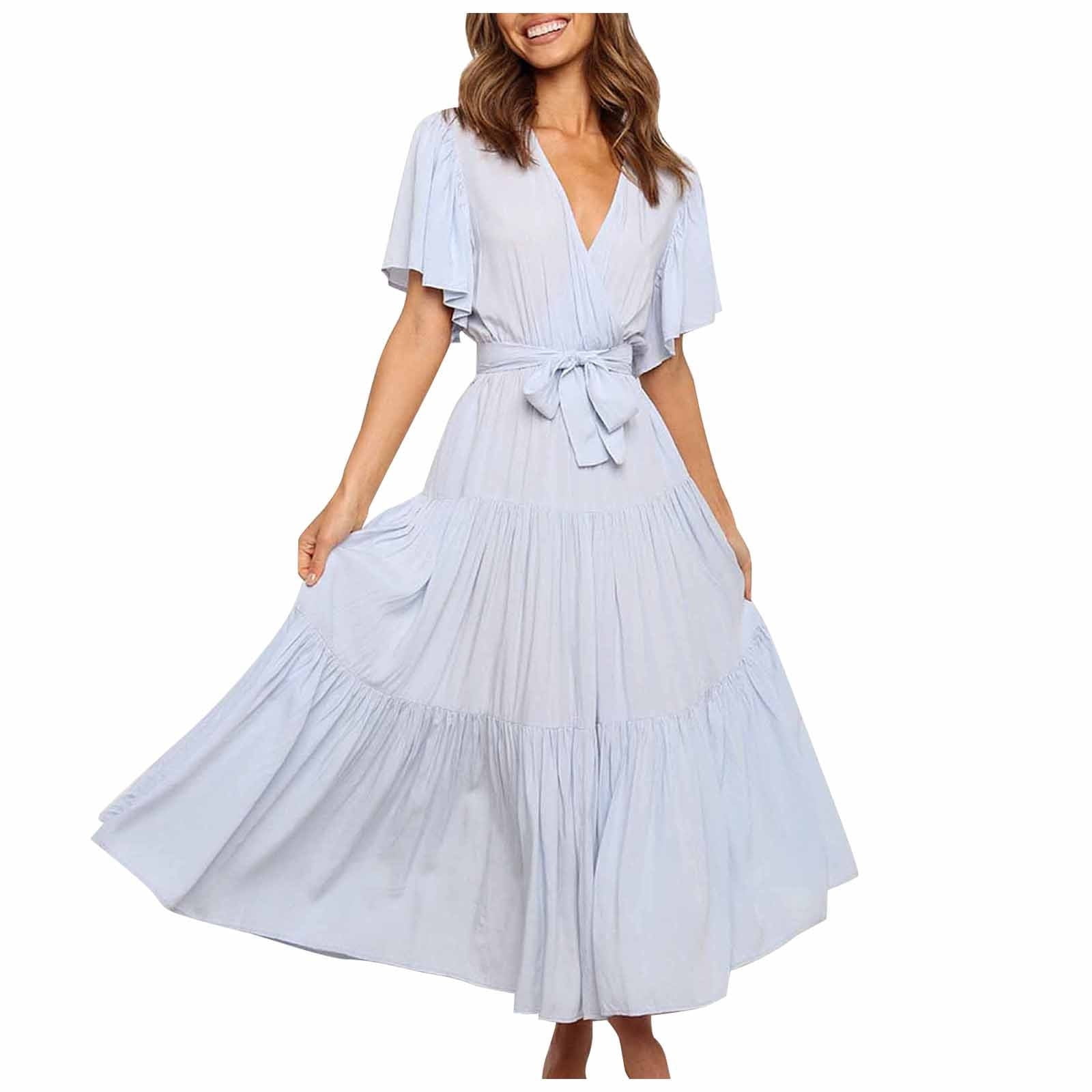Light Royal Blue Bell Sleeve Dresses for Women Fall Summer V Neck Lace ...
