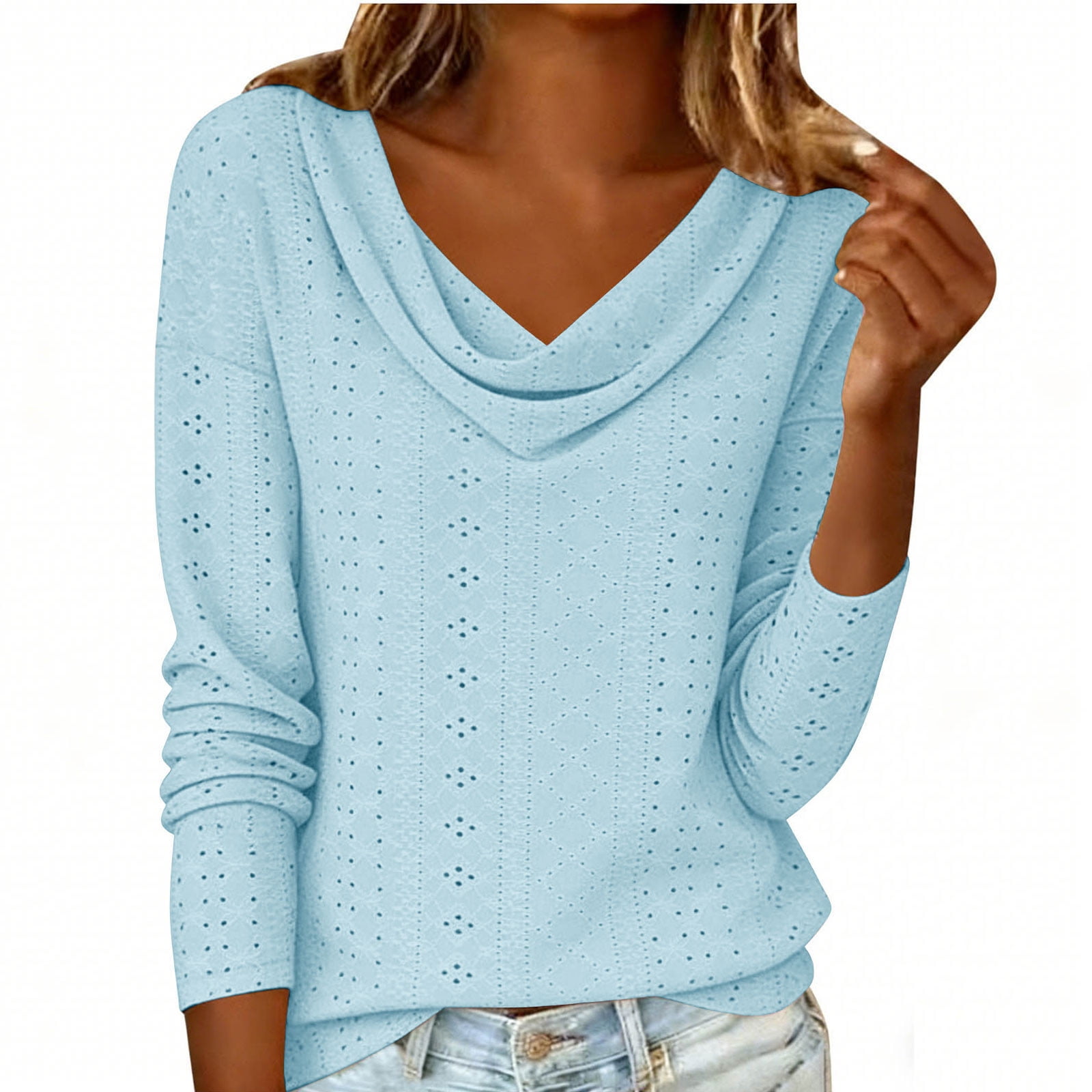 Light Royal Blue Boat Collared Cowl Neck Spandex Shirts for Women Fall ...