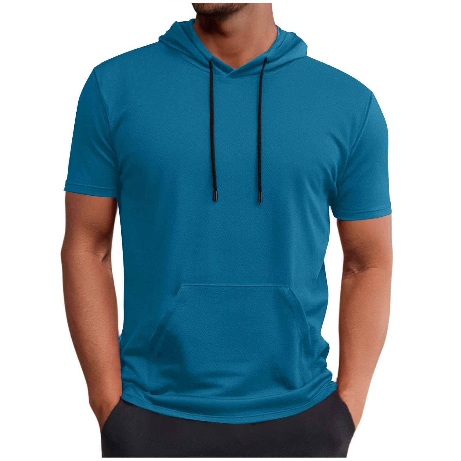 Light Royal Blue Crewneck Hoods for Man Fall Winter Short Sleeve Loose ...
