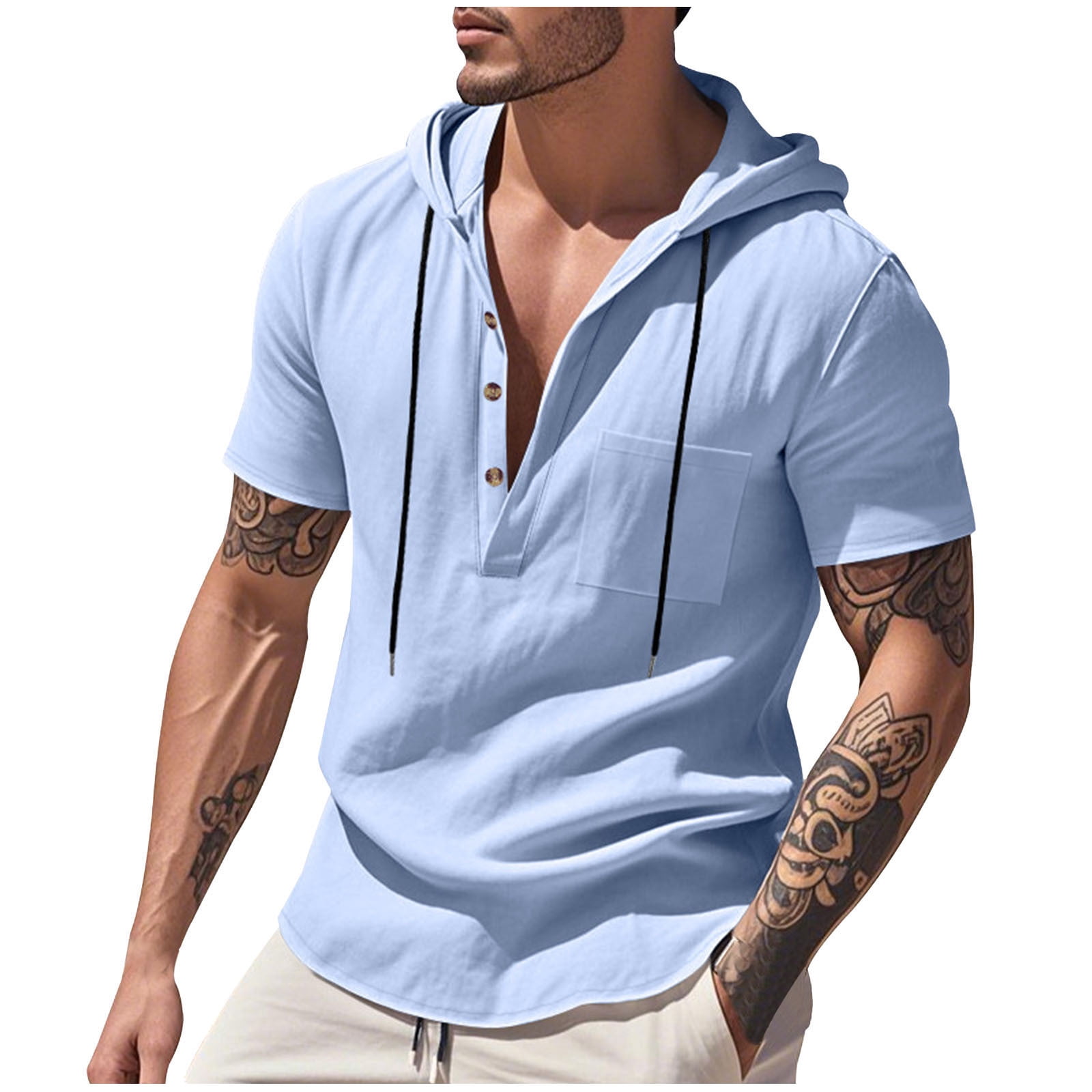 Light Royal Blue Faux Linen Hoodies for Man Fall Summer Short Sleeve ...