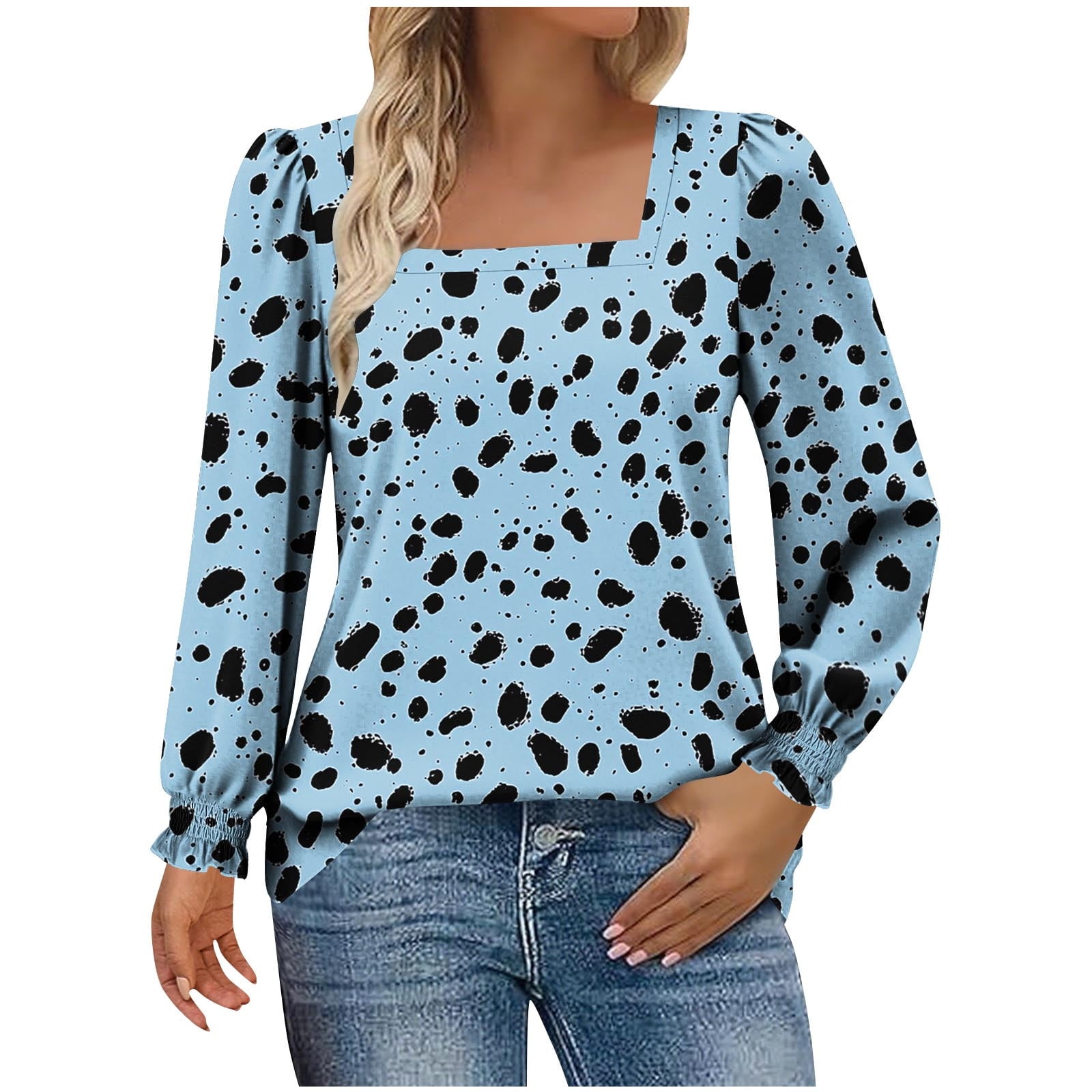 Light Royal Blue Long Puff Sleeve Shirts for Women Winter Fall Collared ...