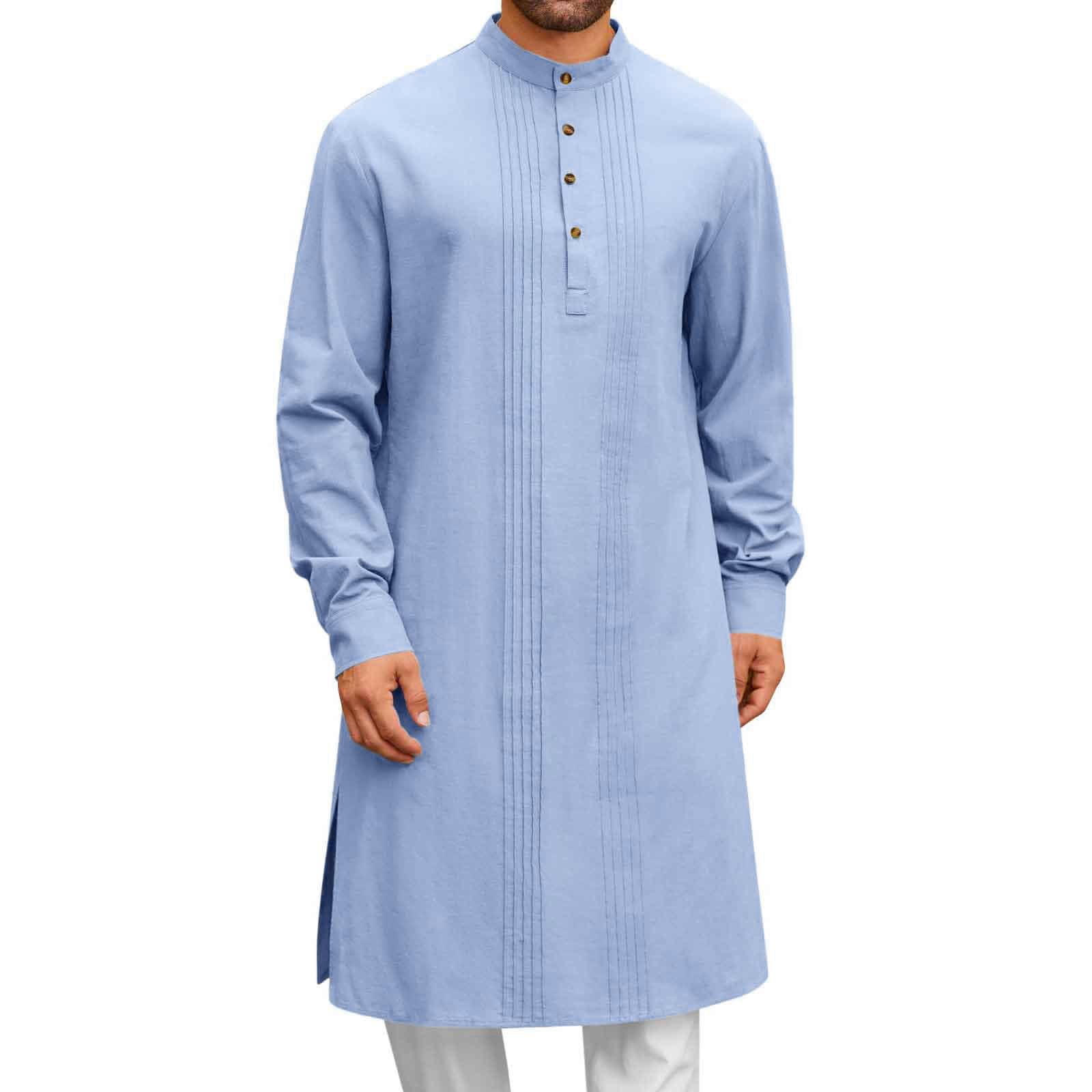 Light Royal Blue Man Collared Neck Faux Gauze Linen Match Lounge Button ...