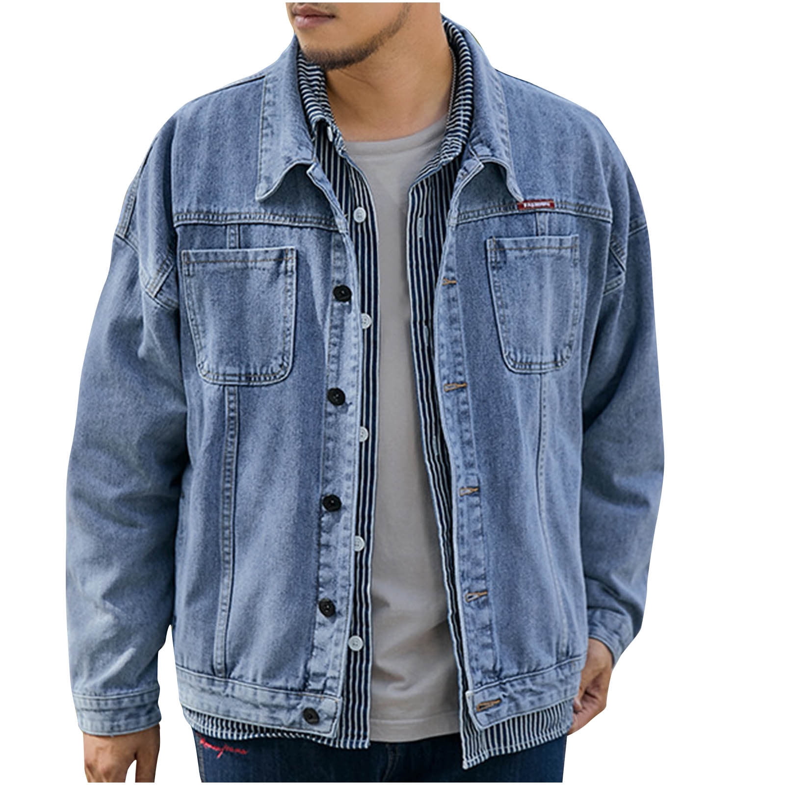 Light Royal Blue Button Coat for Man Fall Winter Long Sleeve Denim ...