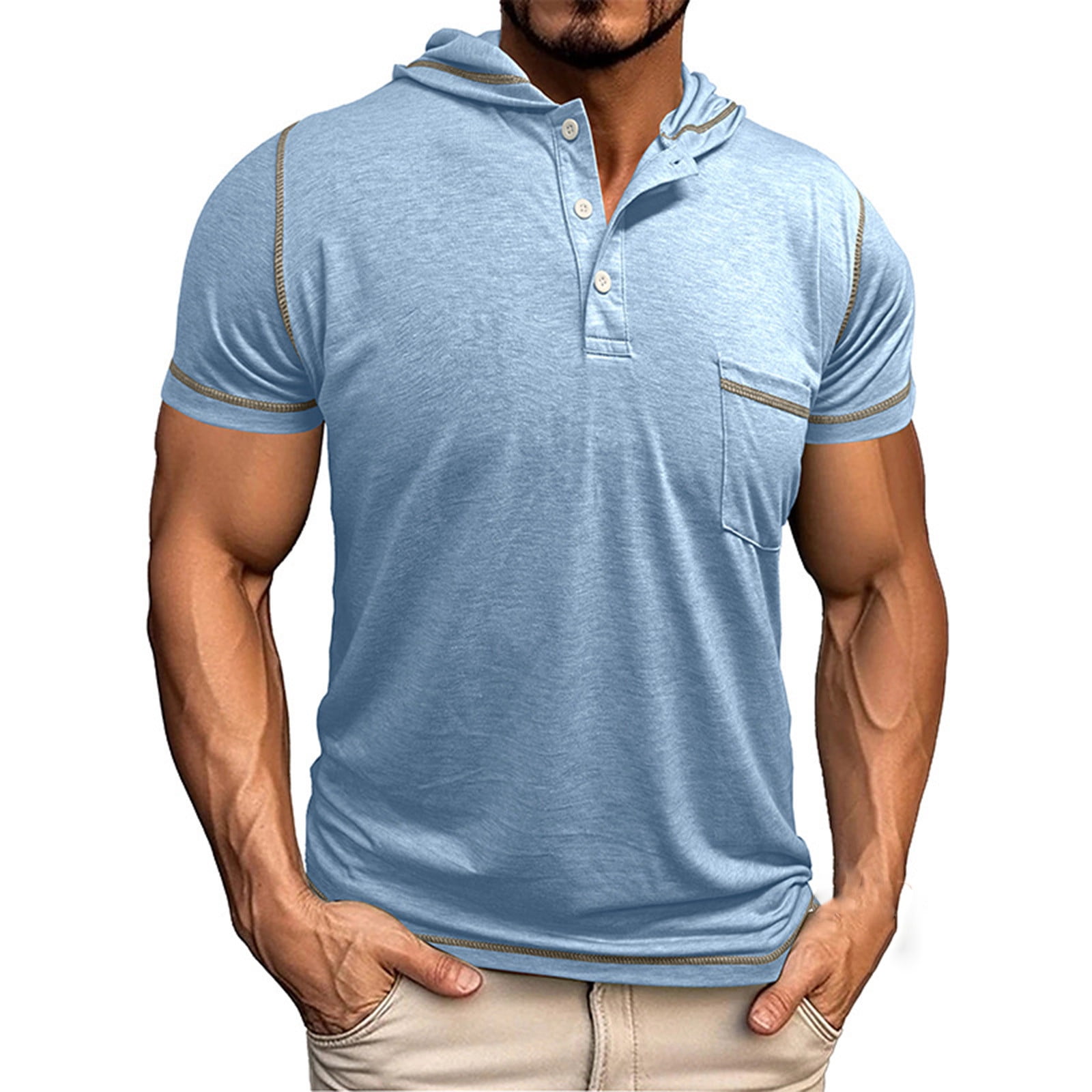 Light Royal Blue Man Matching Brunch Button Short Sleeve Tops Hoods ...