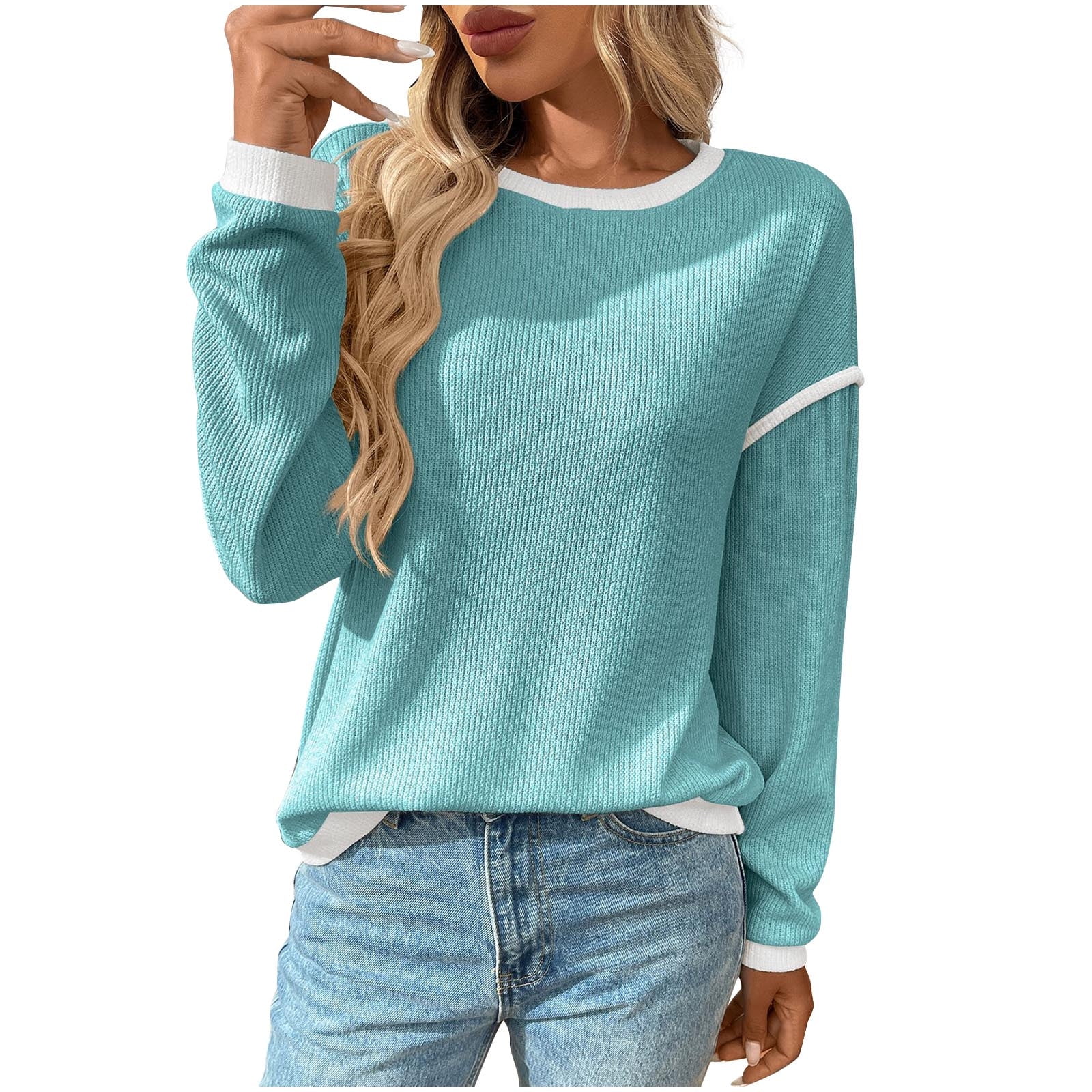 Light Royal Blue Teen Girls Tops Crewneck Blouse for Women Long Sleeve ...