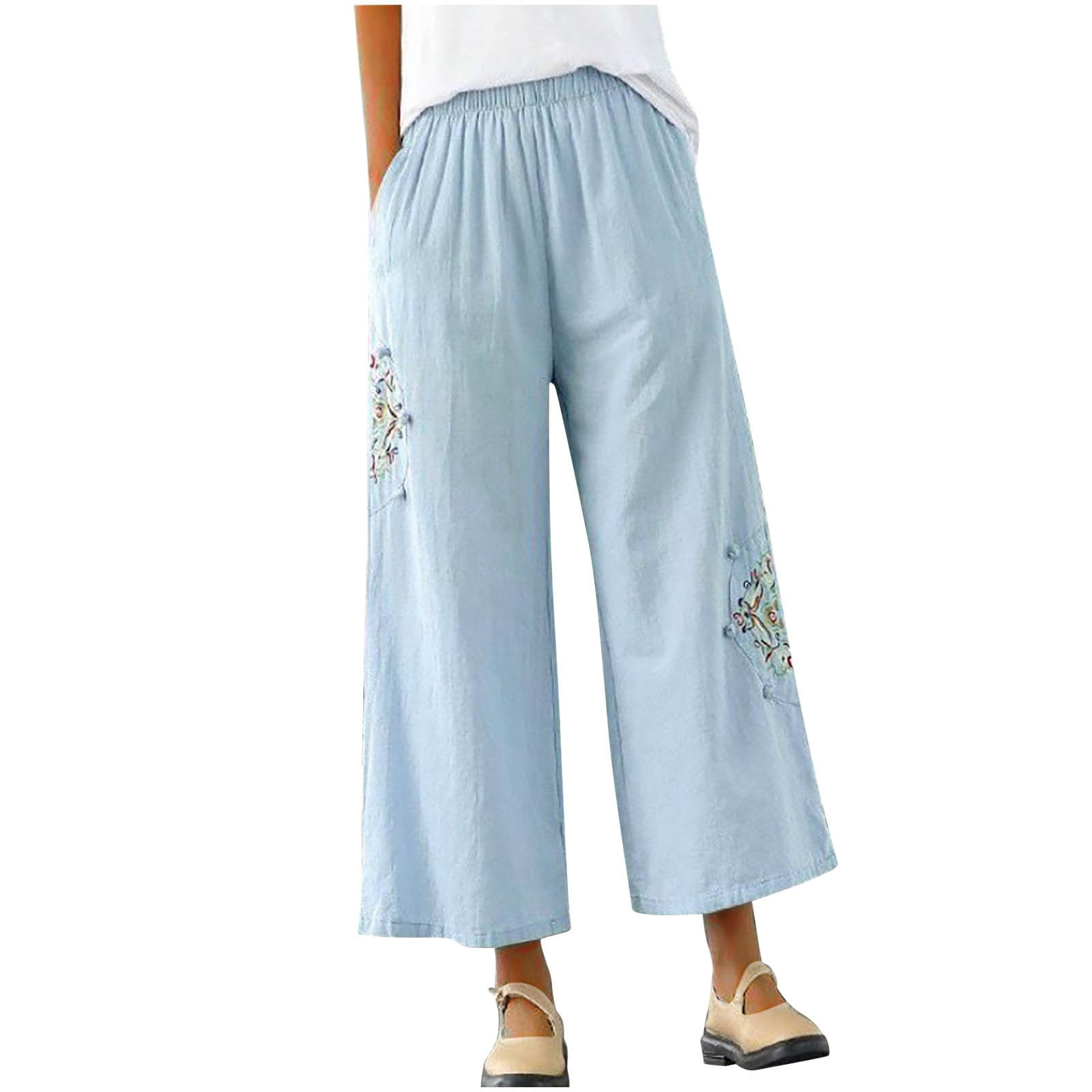 Light Royal Blue Trousers Pants for Women Fall Summer Faux Linen Loose ...