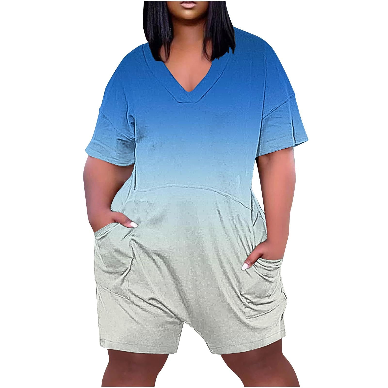 Light Royal Blue Women Gradient Loose Fit Plus Size Shorts Overalls ...