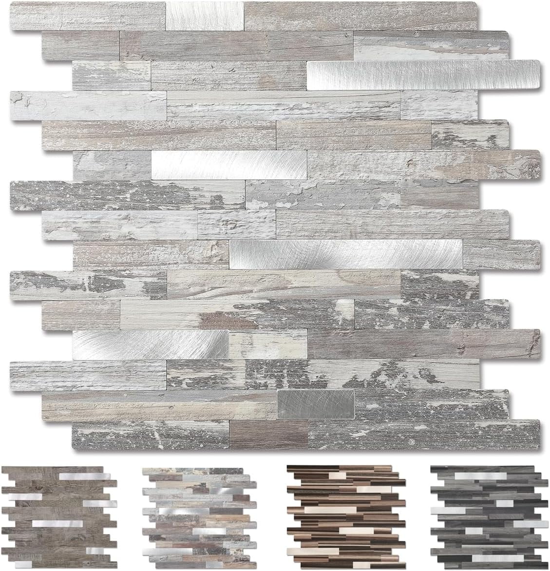 Light Rustic Peel and Stick Wood Metal Tile Backsplash, 12'' X 12'', 10 ...