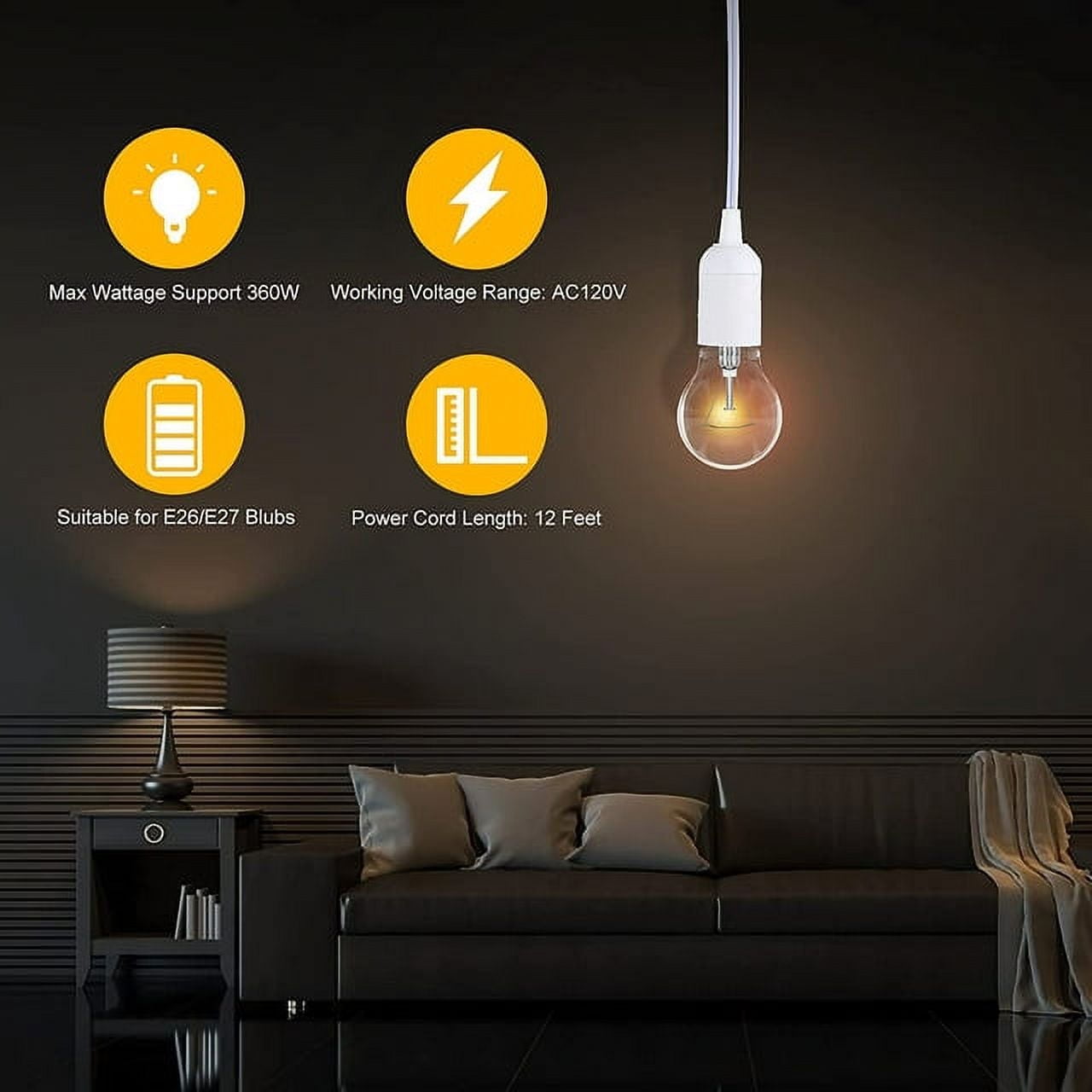 Light Socket, 360W 12Ft Hanging Lantern Extension Cord Cable, E26/E27 ...