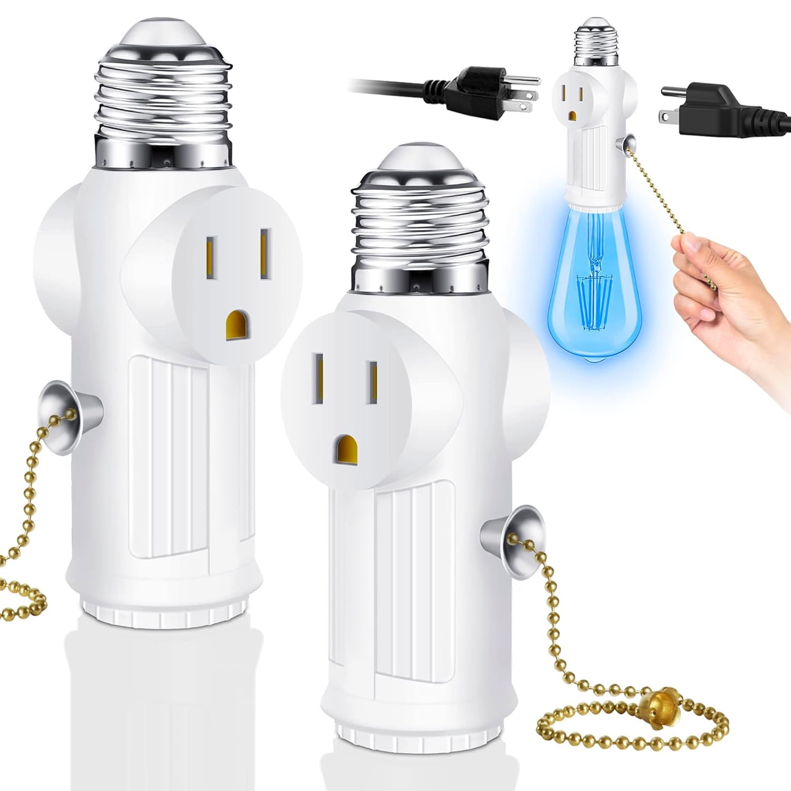 Light Socket to Plug Adapter, (2 Pack) Both Sides 3 Prong Light Bulb ...