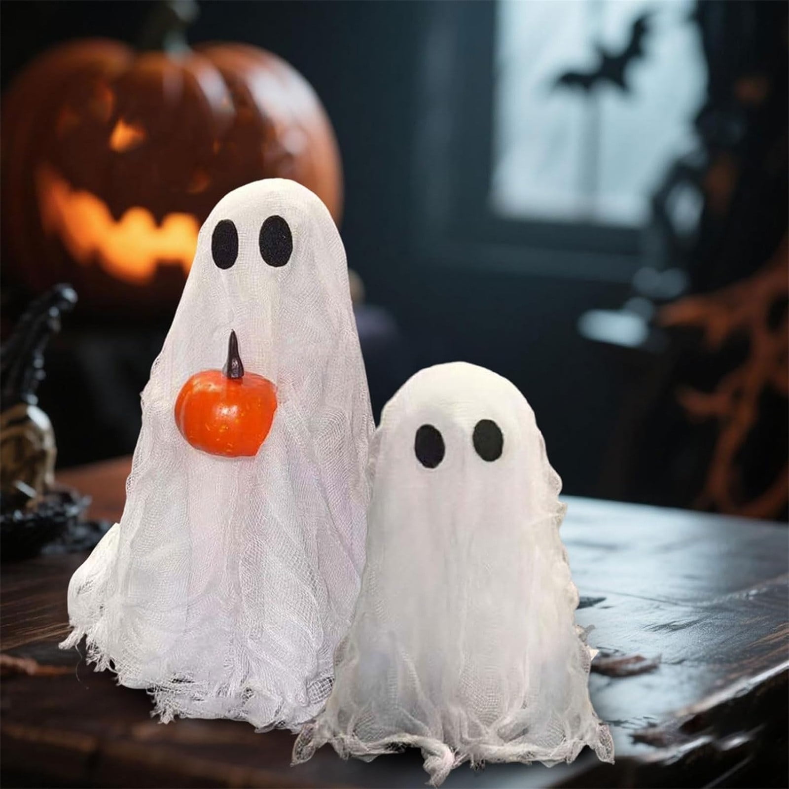 Light Up Spooky Sherpa Ghosts Decoration with Pumpkin, LED Halloween Decor Indoor Cute Ghost ...