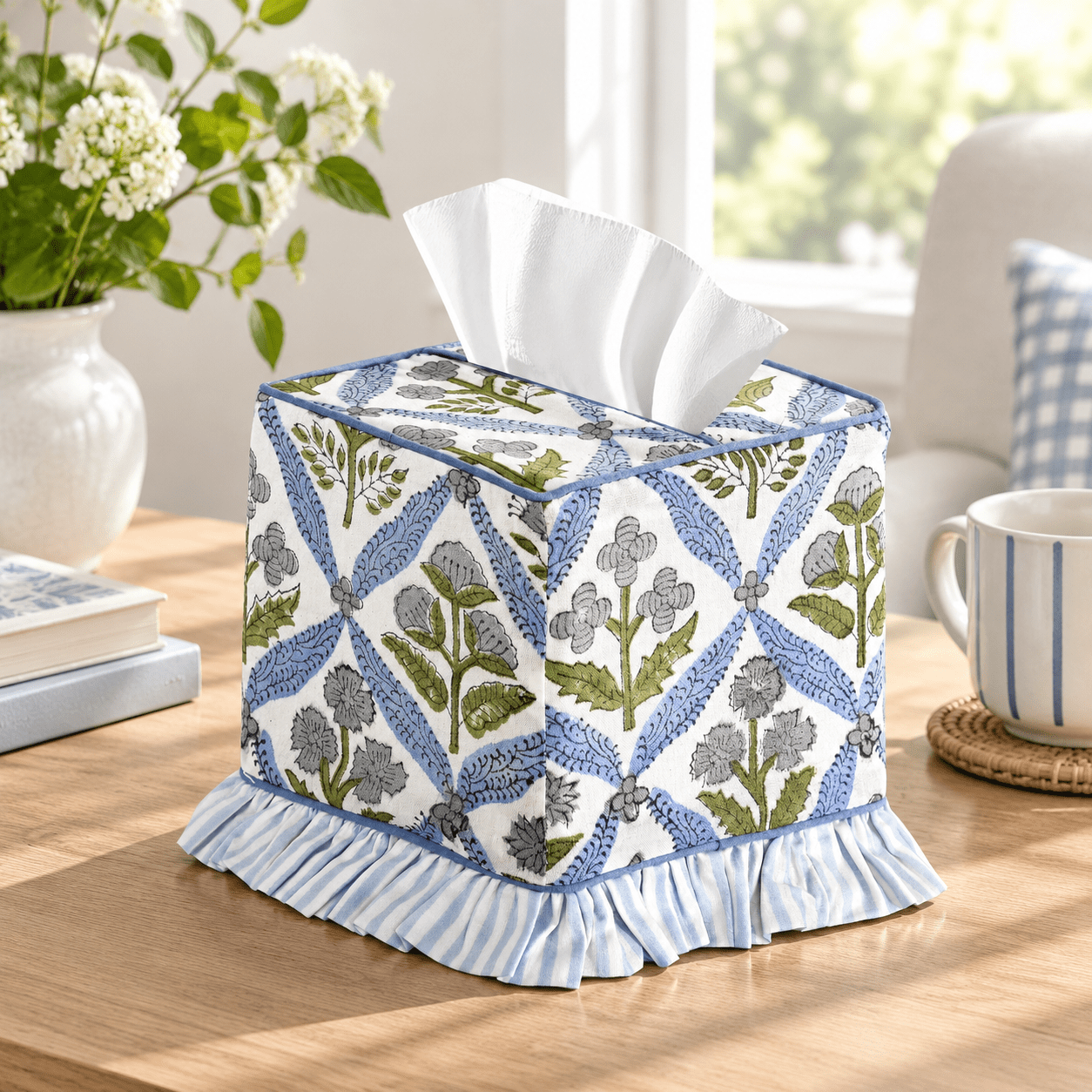 Light Steel Blue Hand Block Print Ruffle Square Fabric Tissue Box Cover ...